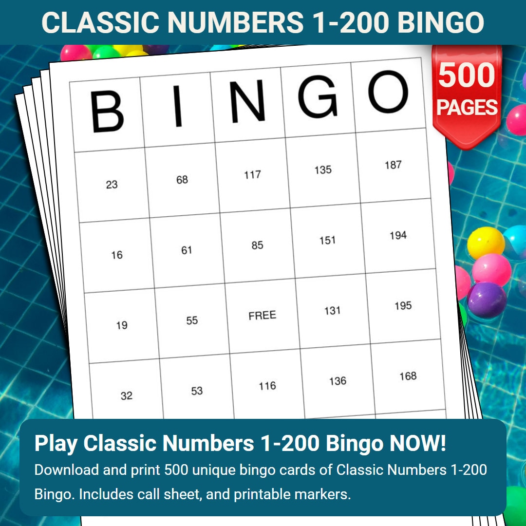 Classic Numbers 1-200 Bingo Cards - 500 Pages to Download and Print - Etsy