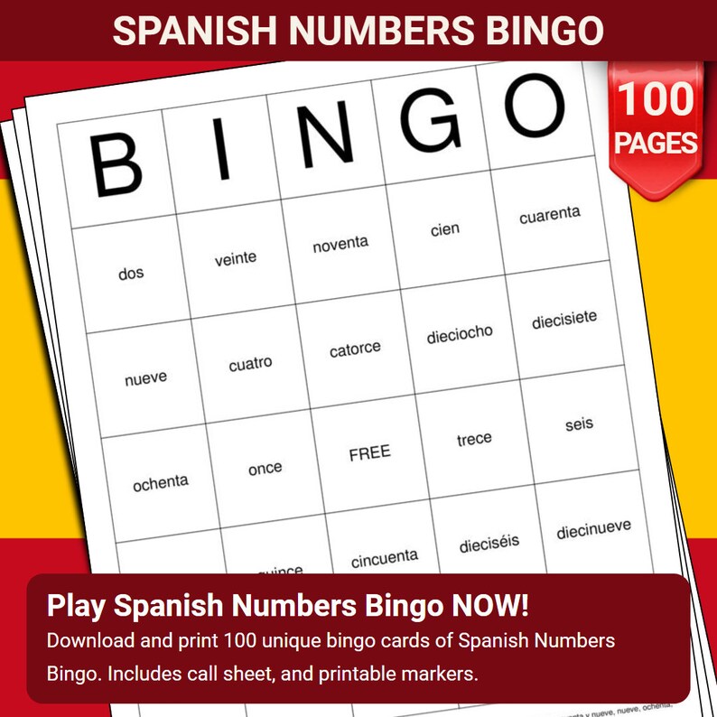 Spanish Numbers Bingo Cards - 100 Pages to Download and Print - Etsy
