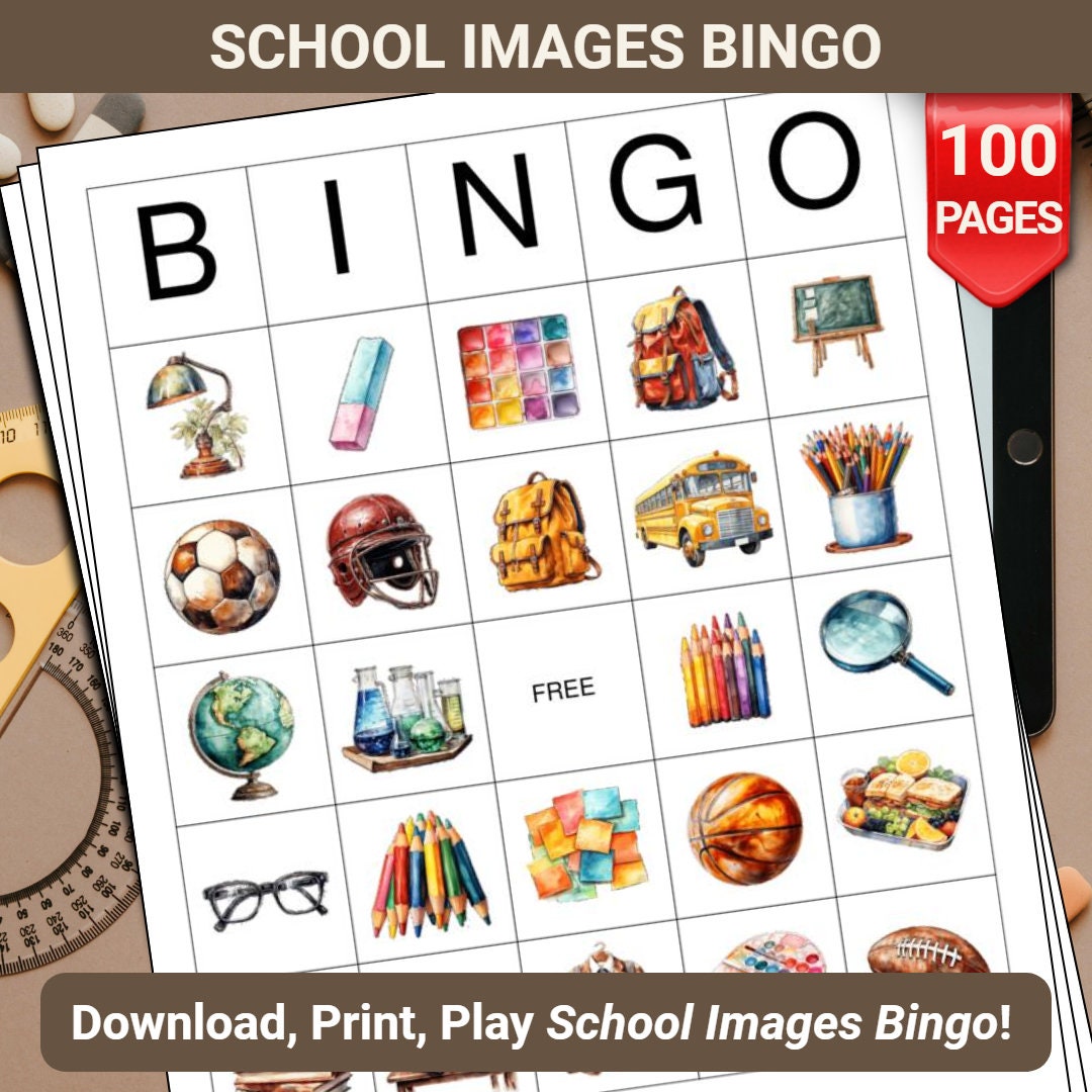 School Images Bingo Cards - 100 Pages to Download and Print - Etsy