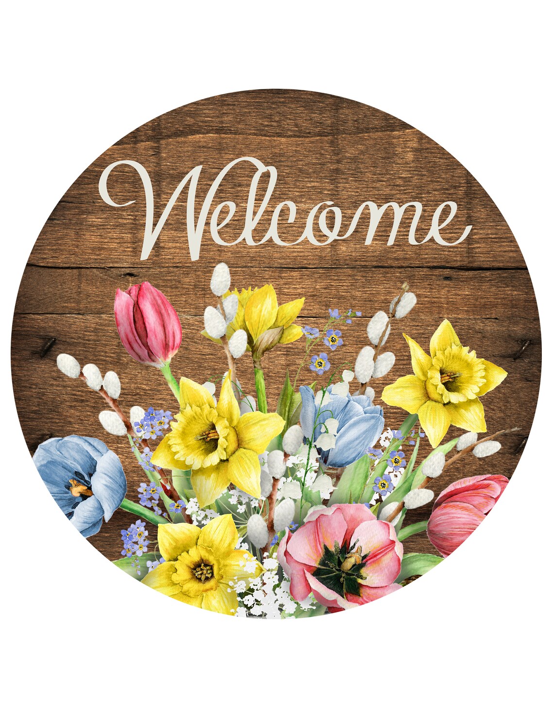 Flowers Daffodils Tulips Welcome Round Door Hanger Sign | Etsy