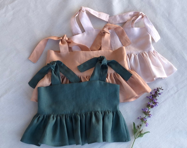 Girls Linen Top With Ruffle Peplum and Tie Shoulder Straps. - Etsy