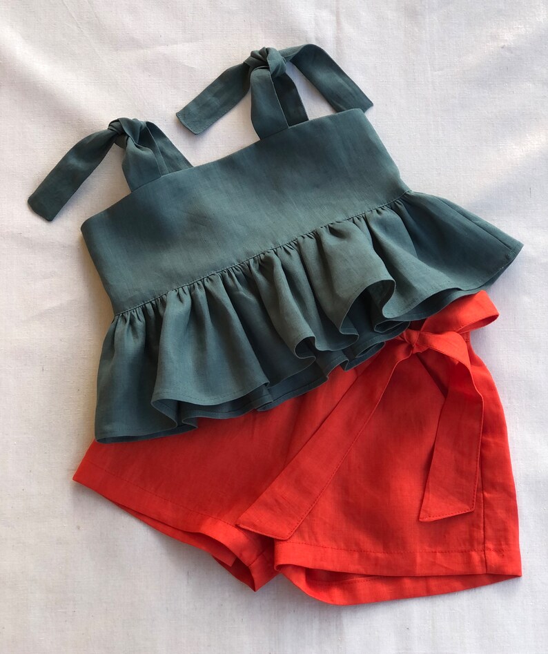 Girls Linen Top With Ruffle Peplum and Tie Shoulder Straps. - Etsy