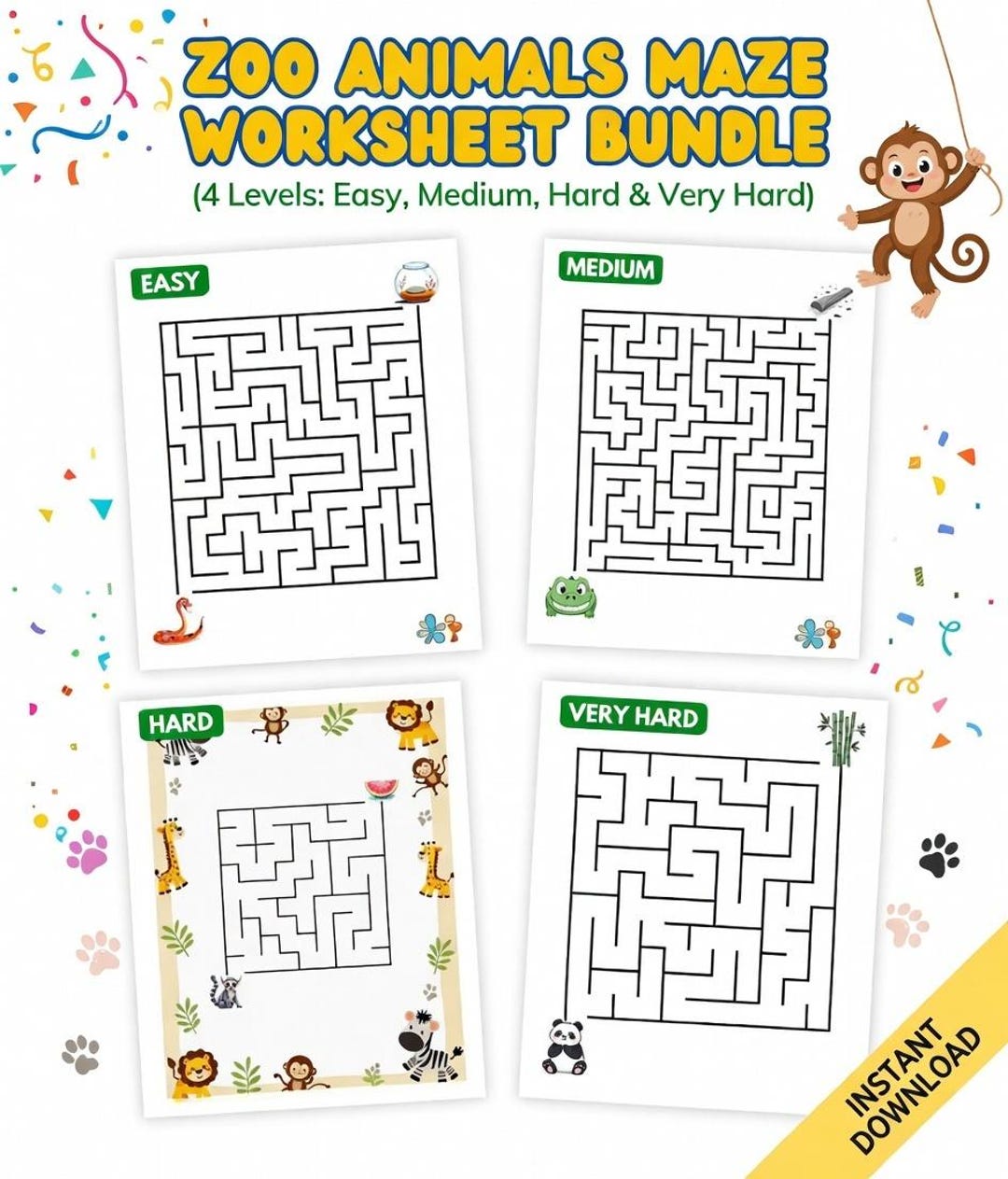 Zoo Animals Maze Worksheets | 4 Difficulty Levels (digital Download) - Etsy