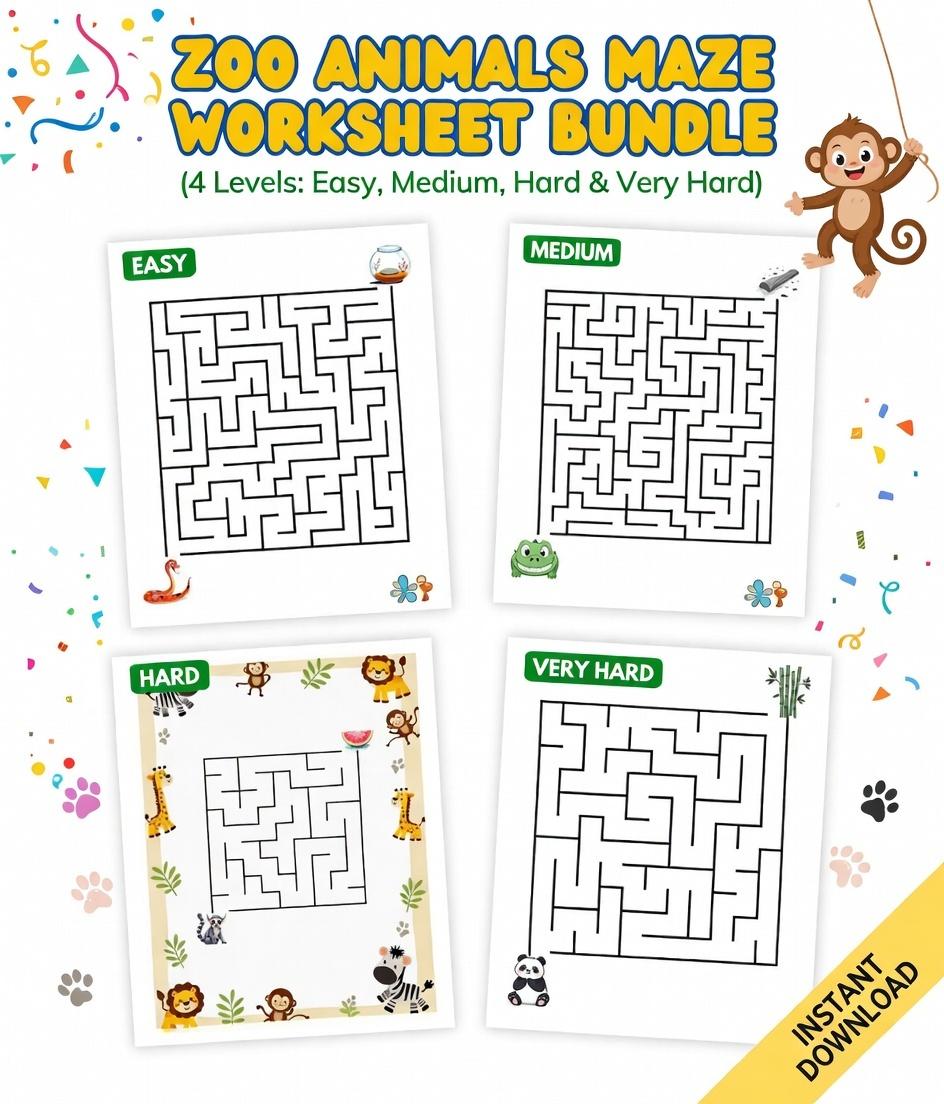 Zoo Animals Maze Worksheets | 4 Difficulty Levels (digital Download) - Etsy