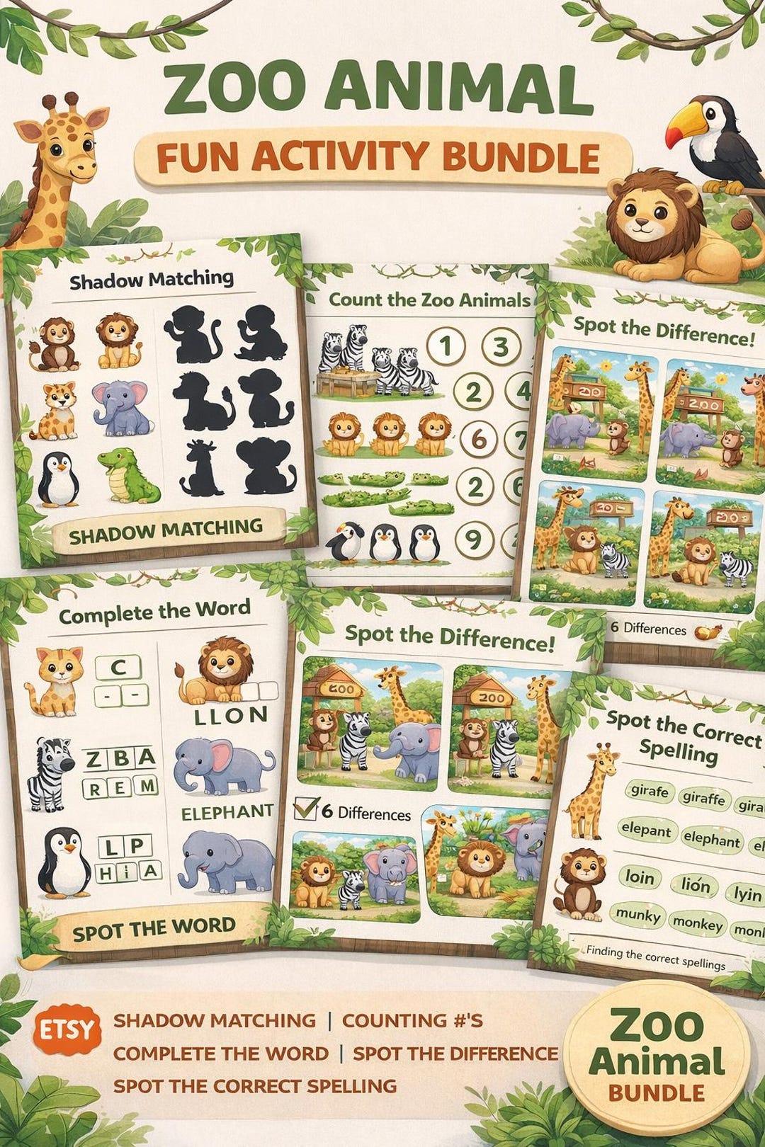 Zoo Animal Activity Bundle – Preschool Shadow Matching, Counting ...