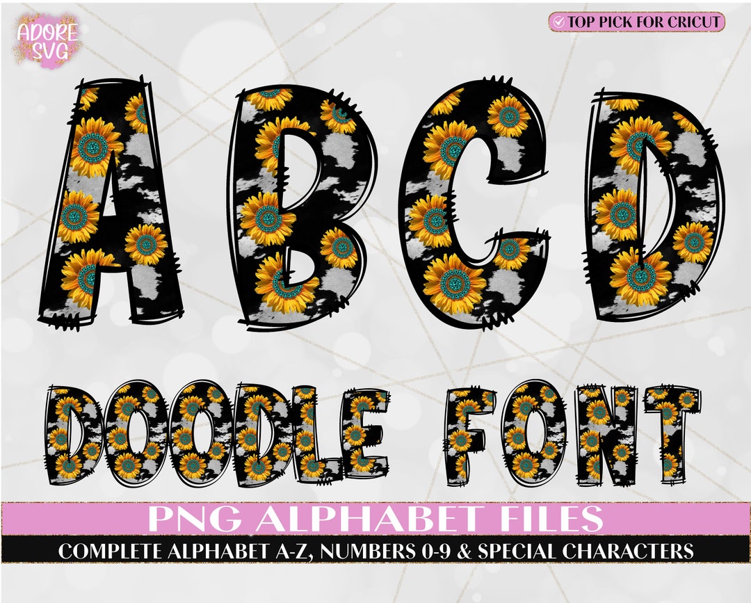 Sunflowers Cow Hide Leopard Doodle Font PNG, Cow Print Doodle Font, Cow ...