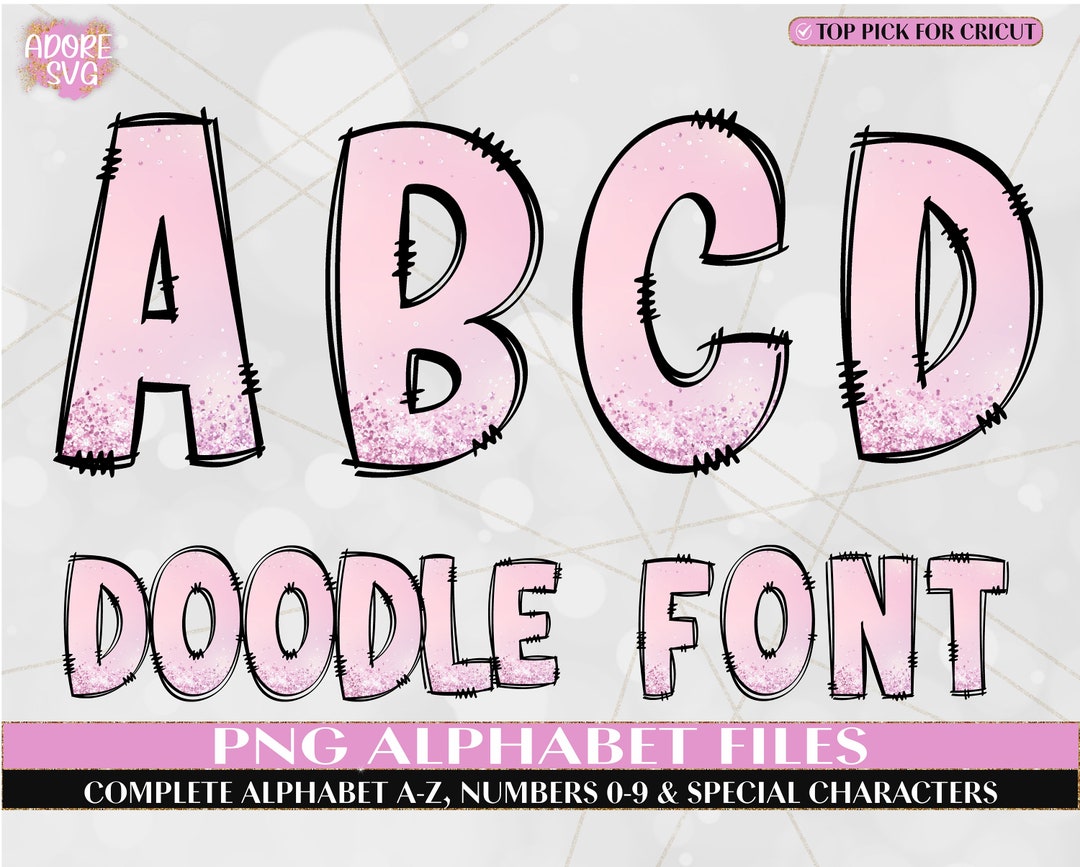 Glitter Pink Doodle Font, Hand Drawn Doodle Font, Sublimation Font PNG ...