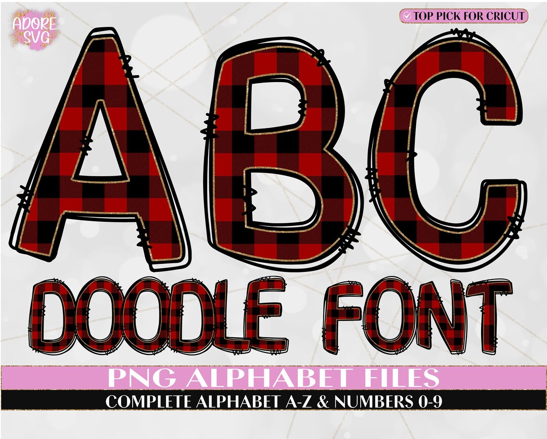 Glitter Buffalo Plaid Doodle Font, Hand Drawn Doodle Font, Sublimation ...