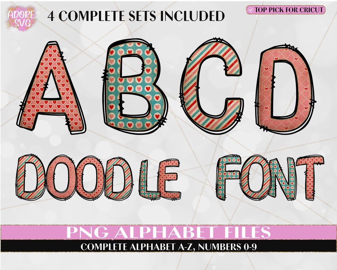 Valentine Hearts Doodle Font Bundle PNG, Valentines Doodle Letters ...