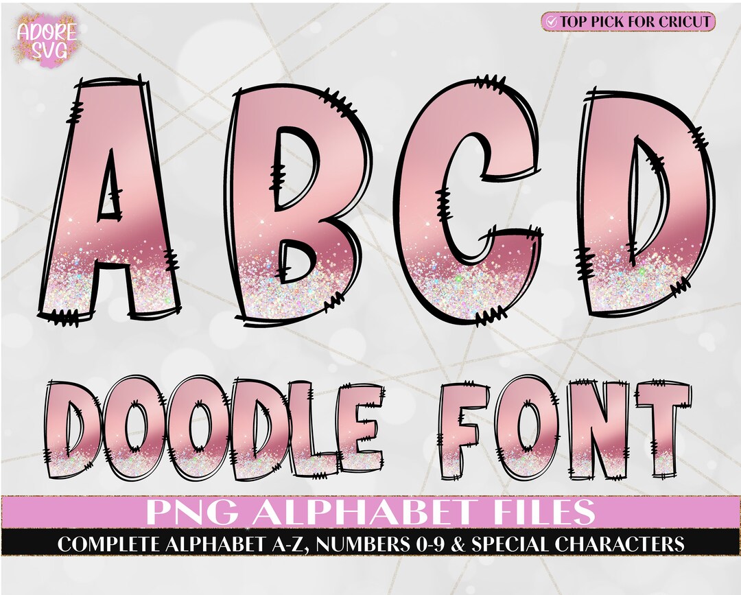 Glitter Pink Doodle Font, Hand Drawn Doodle Font, Sublimation Font PNG ...