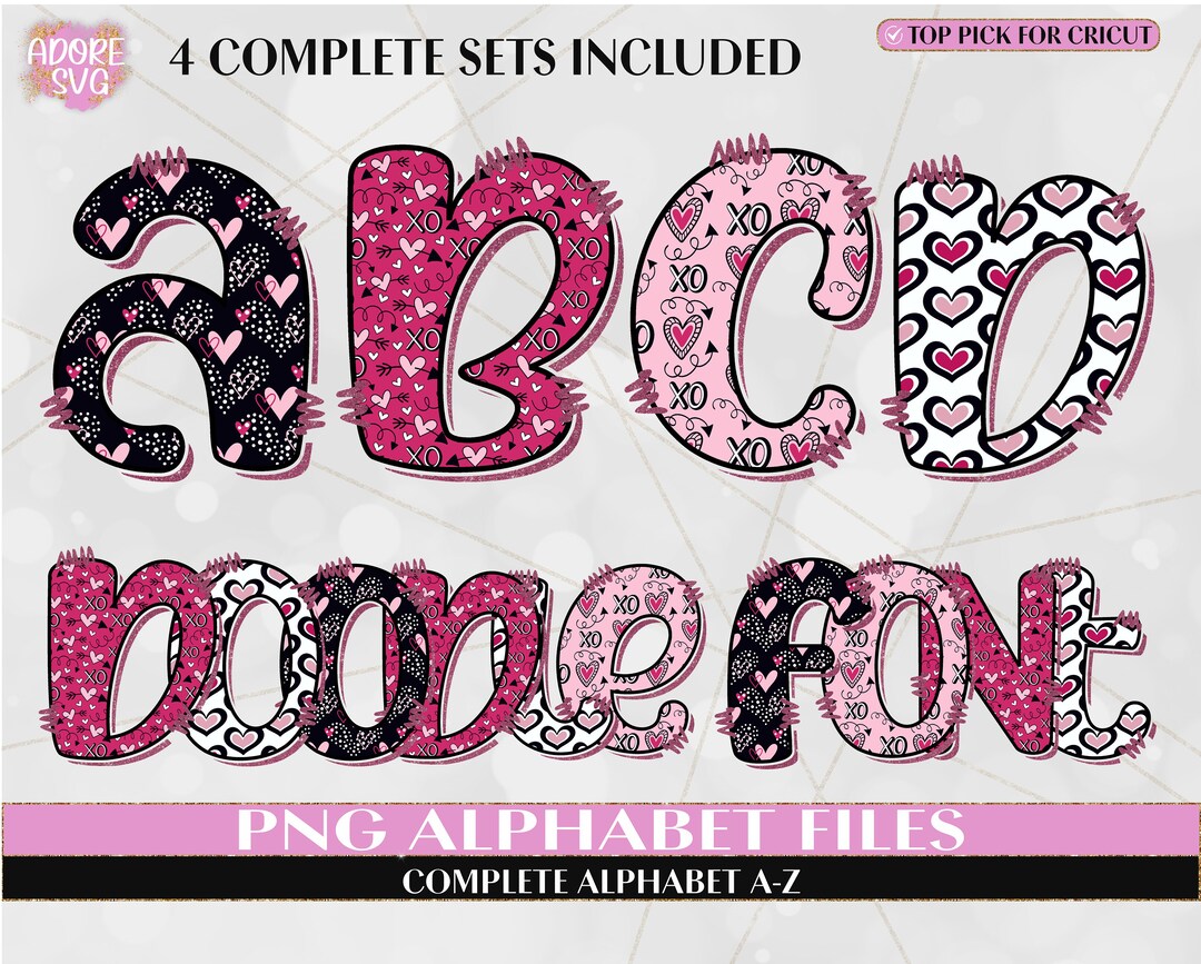 Valentine Hearts Doodle Font Bundle PNG, Valentines Doodle Letters ...