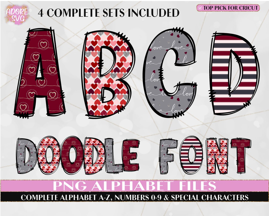Hearts Alphabet Letters PNG Bundle, Hand Drawn Doodle Font, Valentine ...