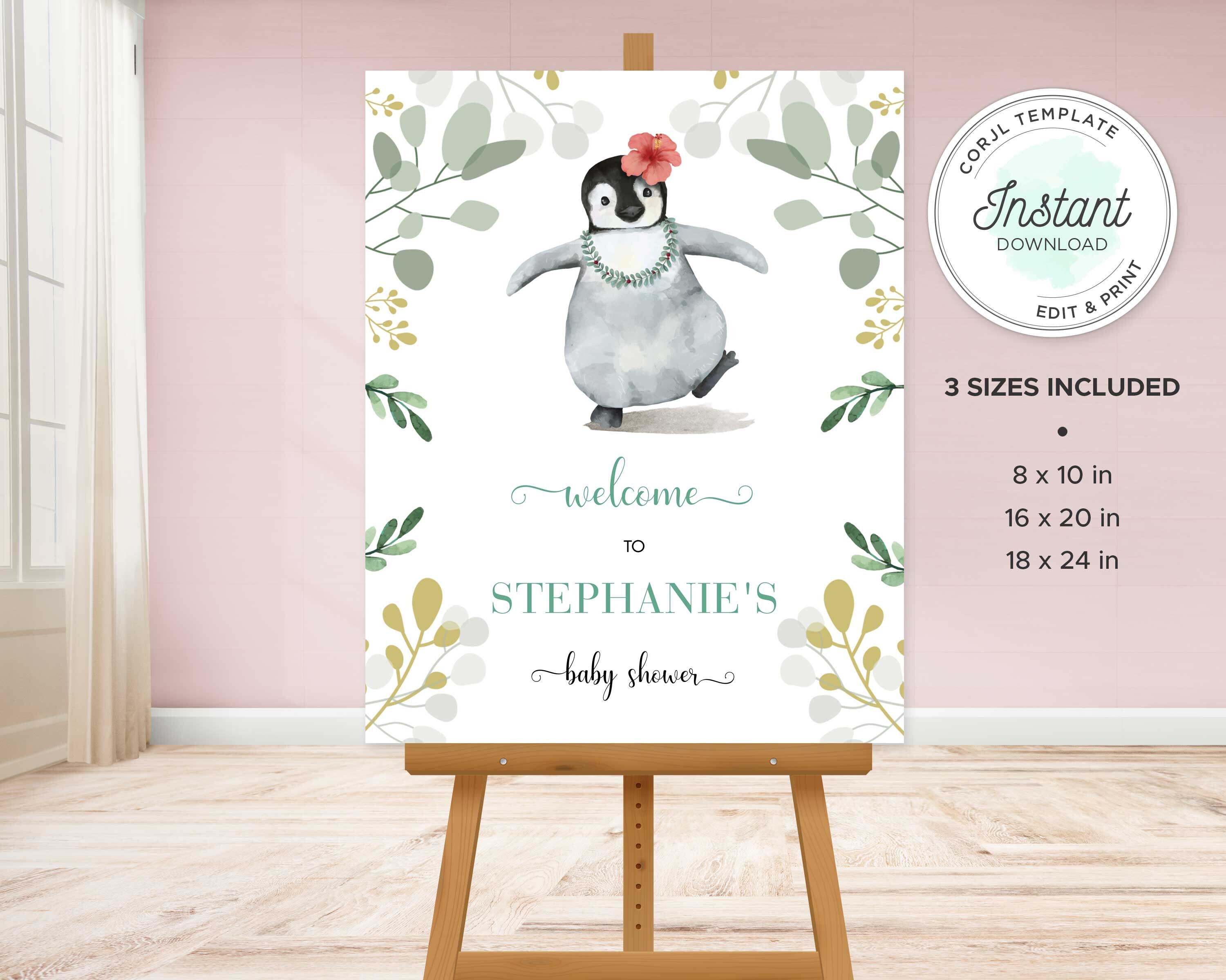 Penguin Baby Shower Welcome Sign Editable With Corjl / Baby Girl Shower ...