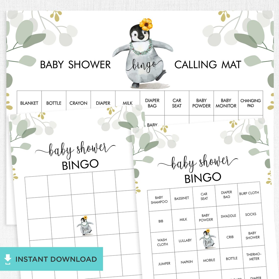 60 Pre-filled Baby Shower Bingo Cards With Penguin, Greenery Blank ...