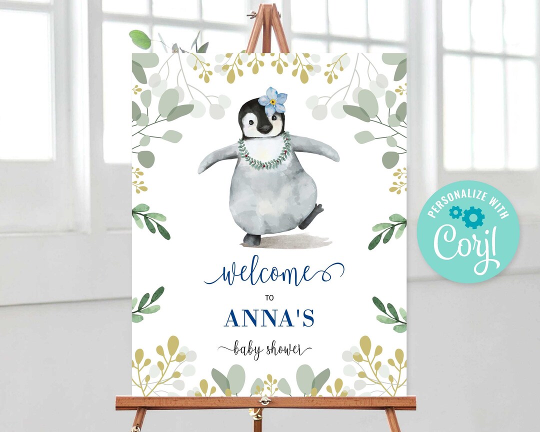 Welcome Sign With Penguin, Baby Shower Welcome Poster, Green and Blue ...