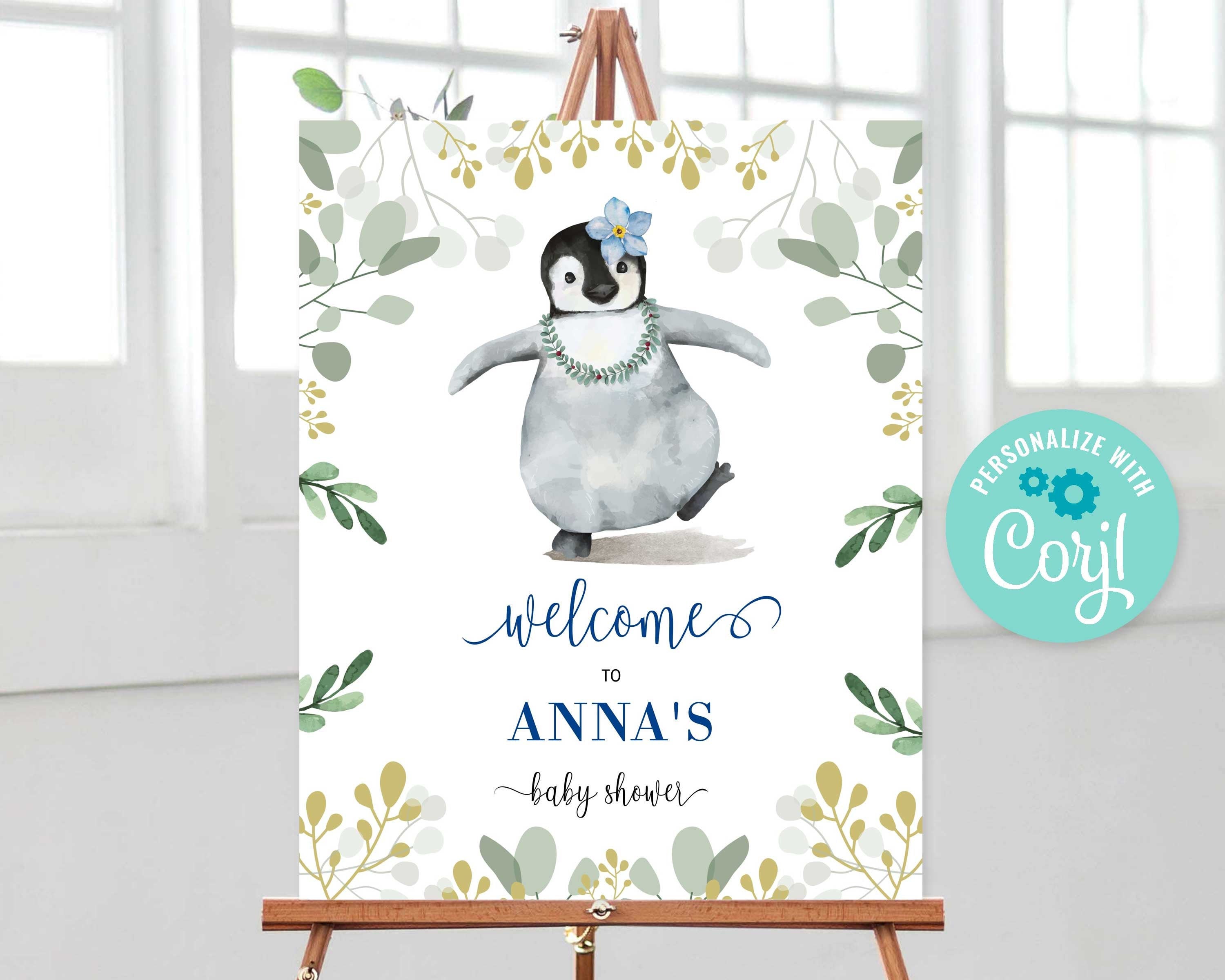 Welcome Sign With Penguin, Baby Shower Welcome Poster, Green and Blue ...