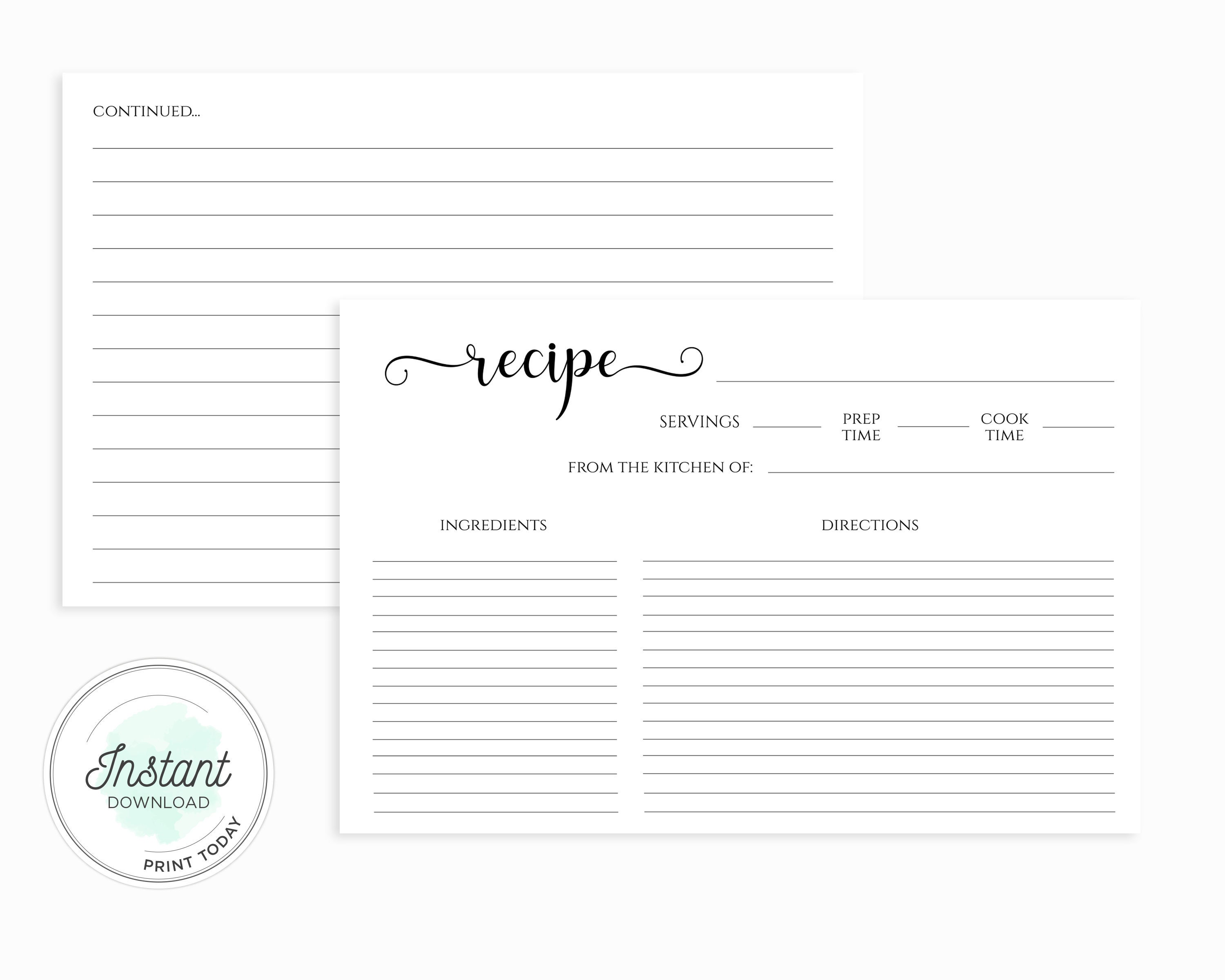 Blank Recipe Cards, Bridal Shower Recipe Printable, Simple Minimalist ...