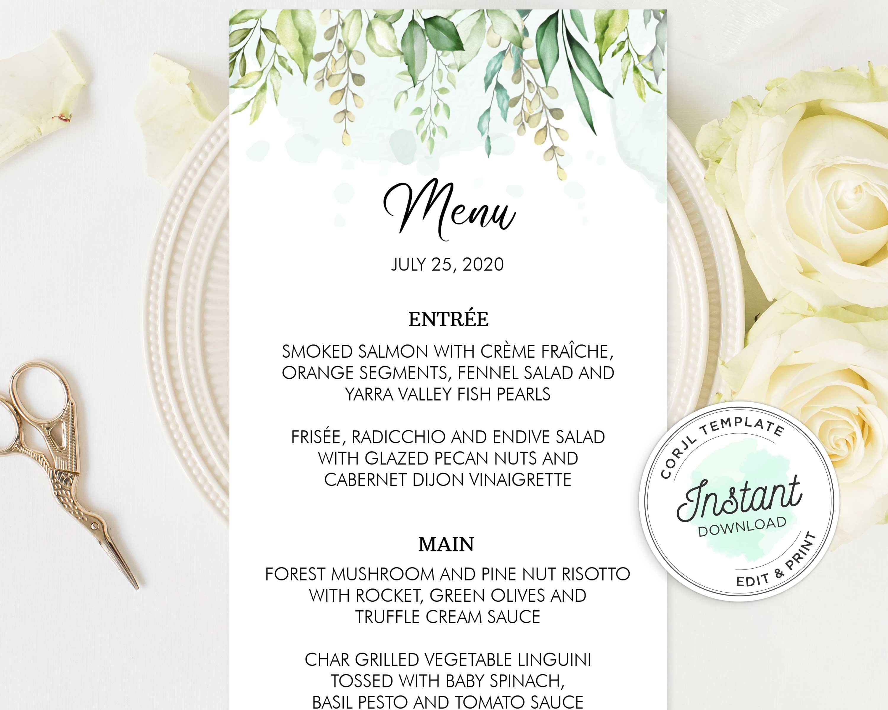 Greenery Menu Card Template Wedding Editable Menu Easter | Etsy