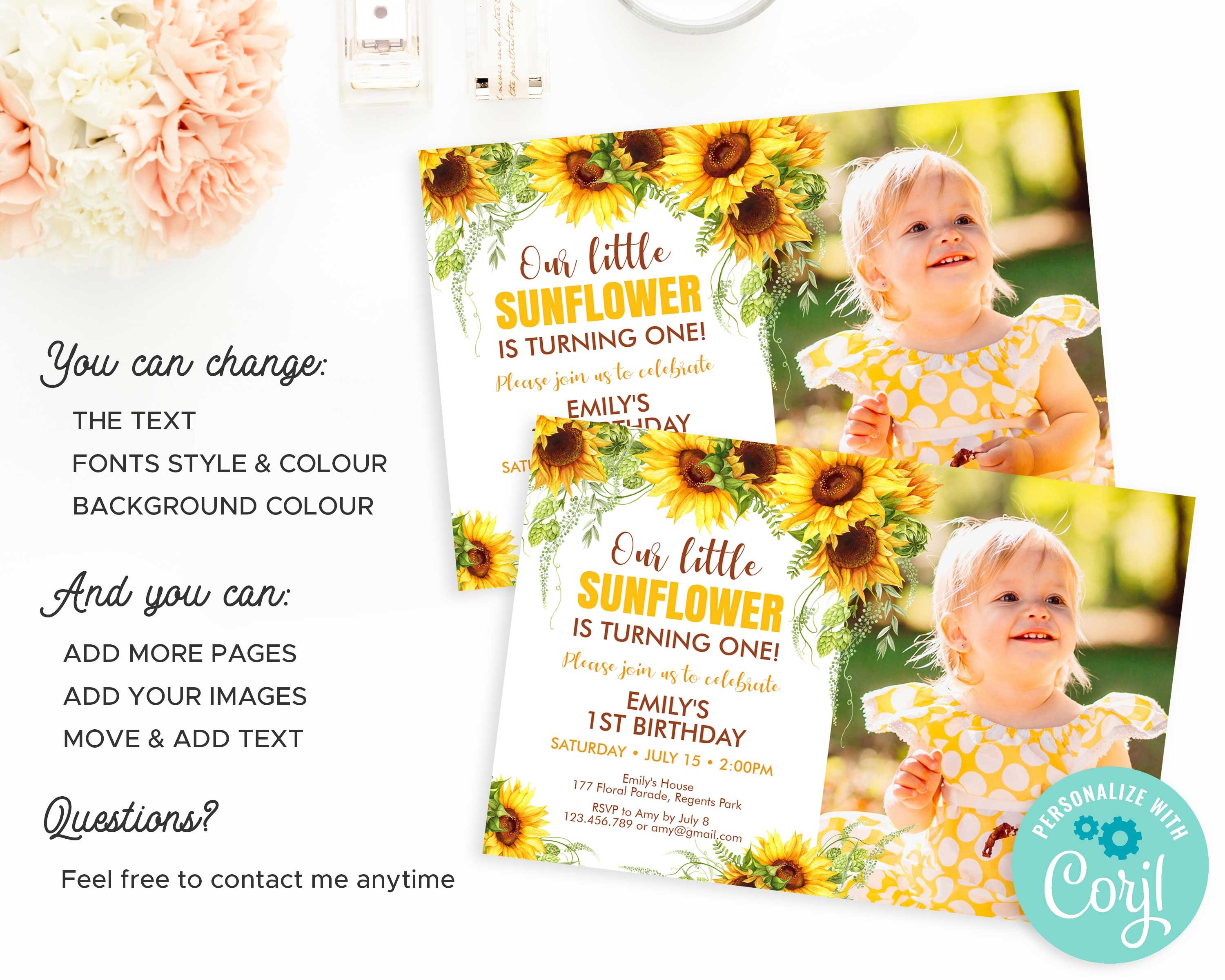 Editable Sunflower Birthday Invitation Template, Black Chalkboard ...