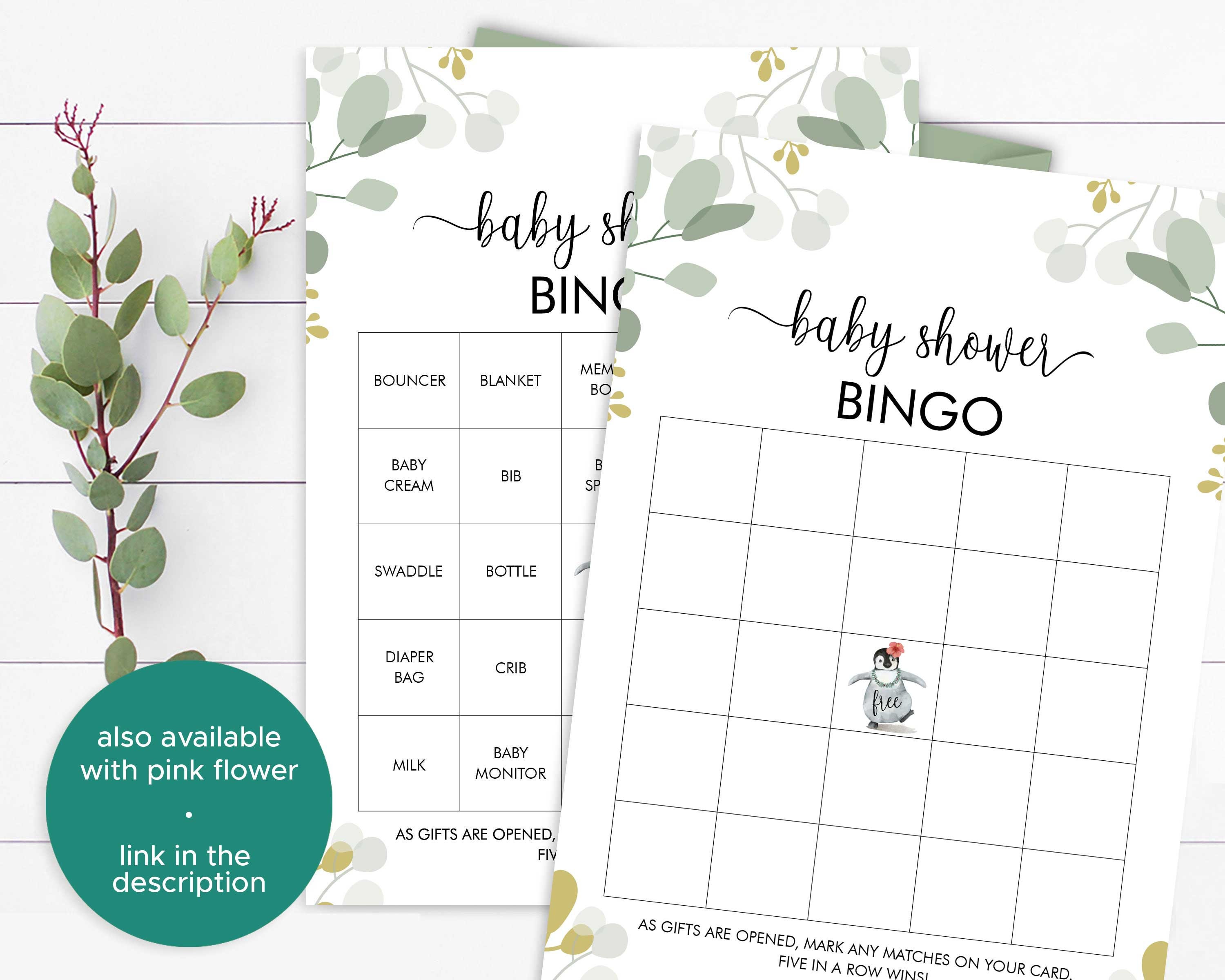 Printable Penguin Baby Shower Bingo, 60 Unique Greenery Bingo Cards ...