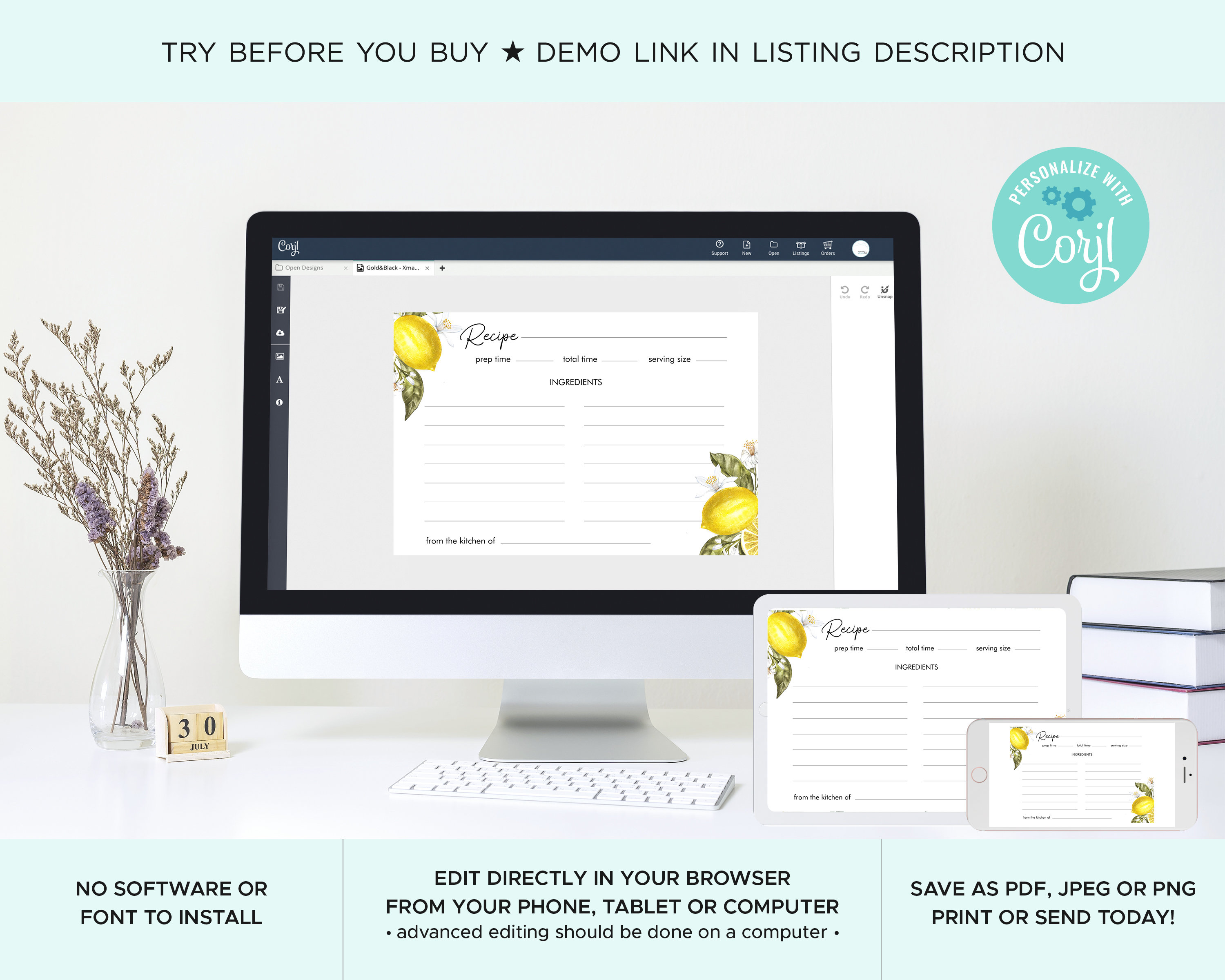 Printable Recipe Card Template, Lemon Decor, Personalized Recipe 4x6 ...