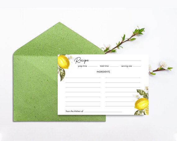 Printable Recipe Card Template, Lemon Decor, Personalized Recipe 4x6 ...