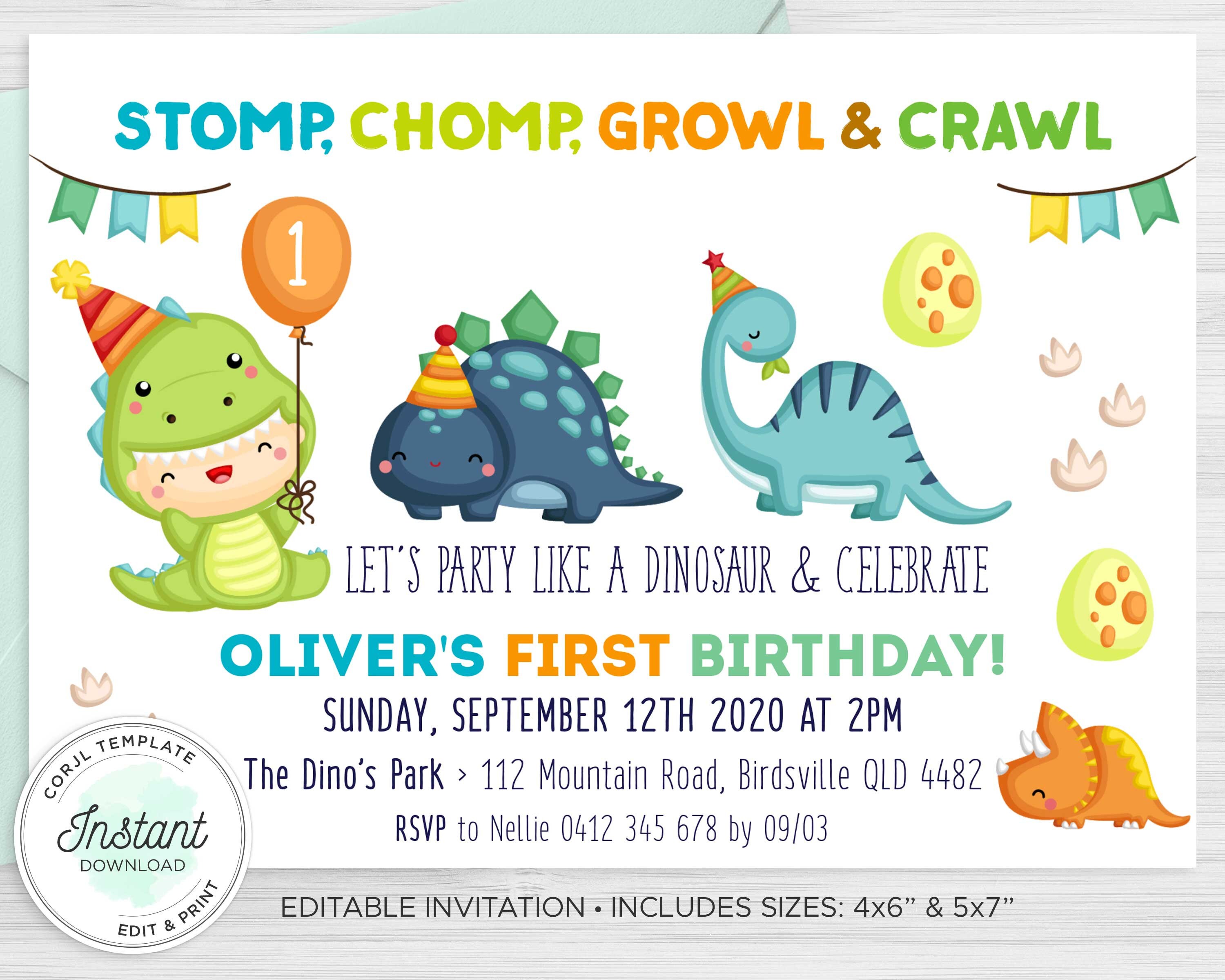 Invitations Announcements Boys Birthday Invitation Editable Dino