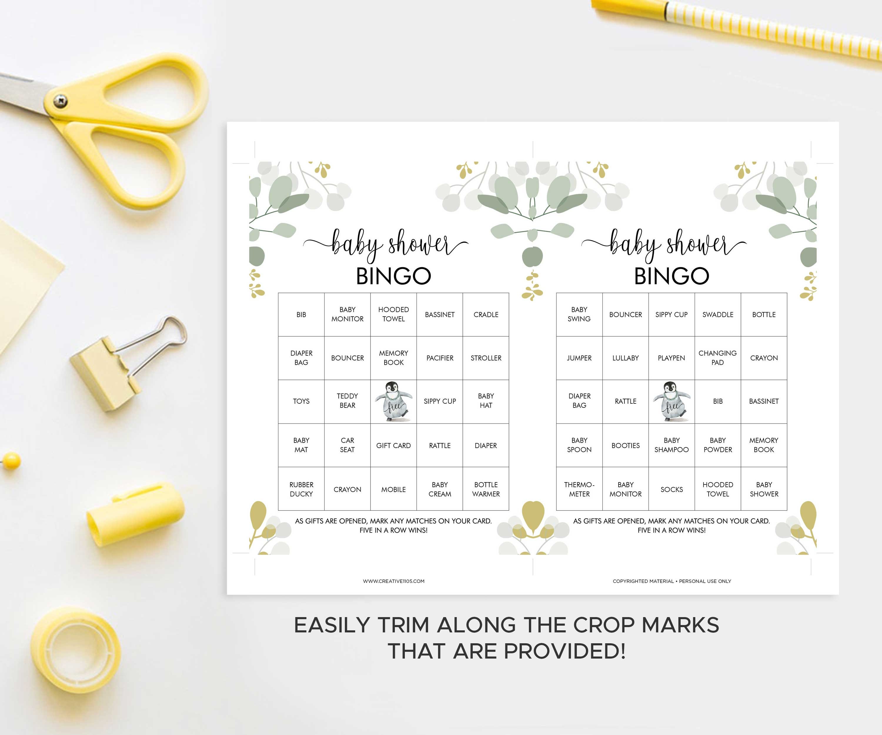 Printable Penguin Baby Shower Bingo, 60 Unique Greenery Bingo Cards ...