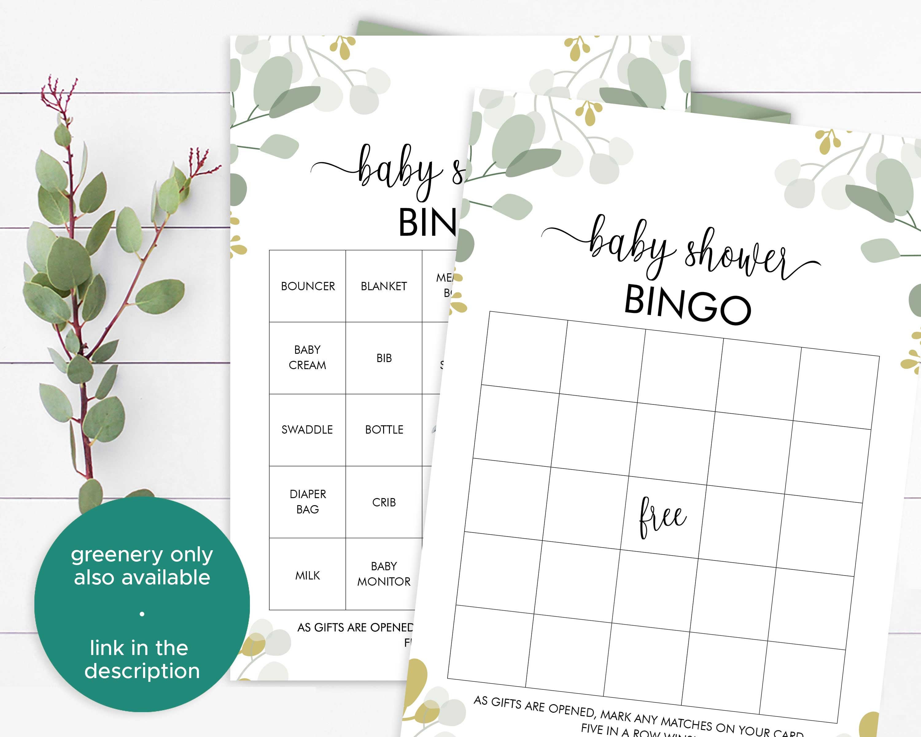 Printable Penguin Baby Shower Bingo, 60 Unique Greenery Bingo Cards ...