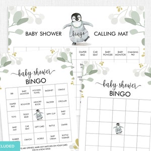 Printable Penguin Baby Shower Bingo, 60 Unique Greenery Bingo Cards ...