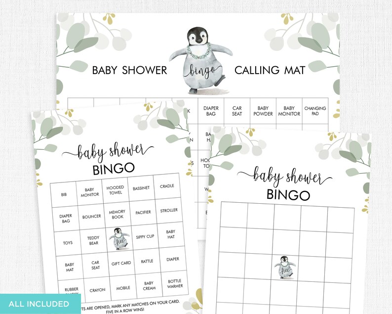 Printable Penguin Baby Shower Bingo, 60 Unique Greenery Bingo Cards ...