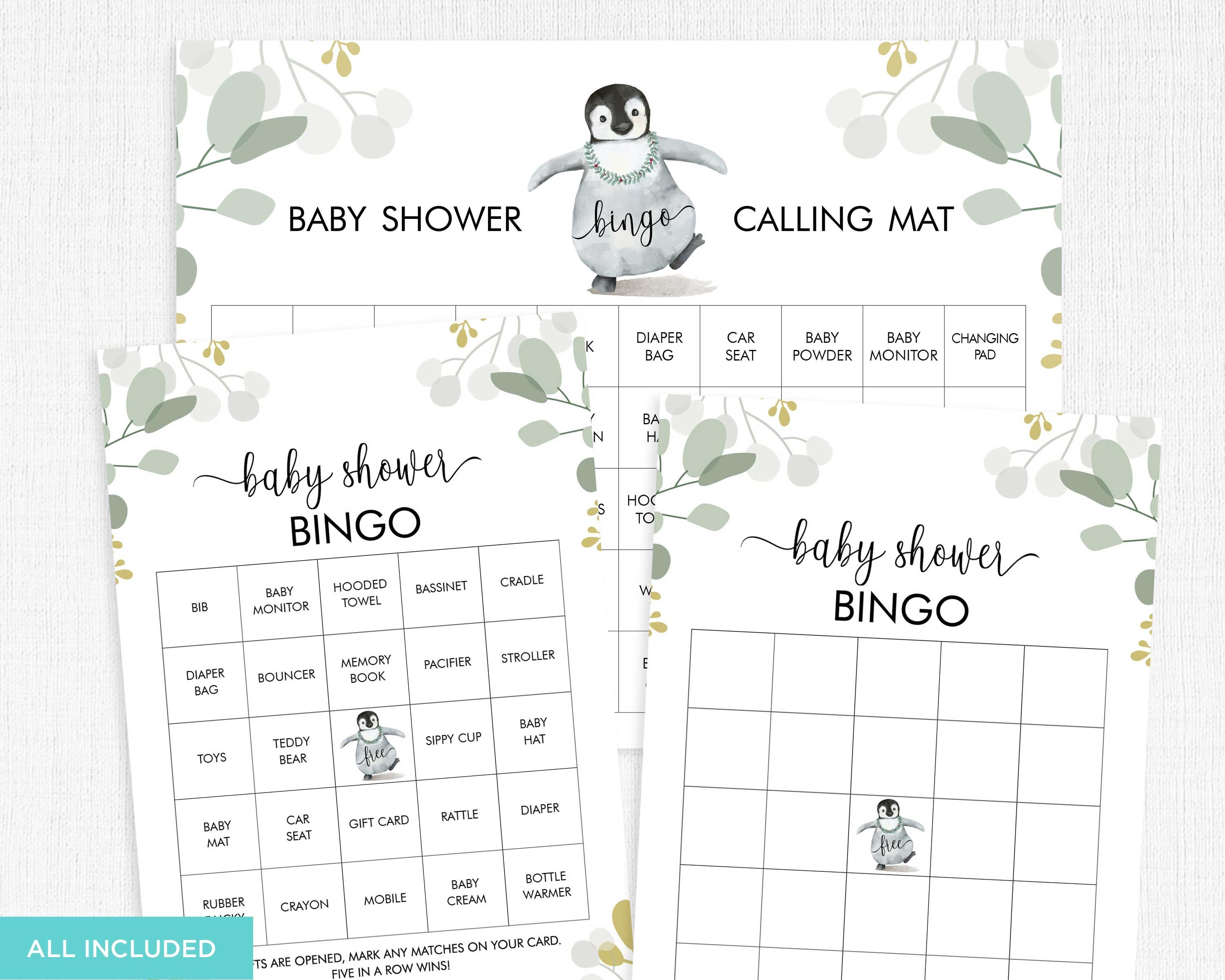 Printable Penguin Baby Shower Bingo, 60 Unique Greenery Bingo Cards ...