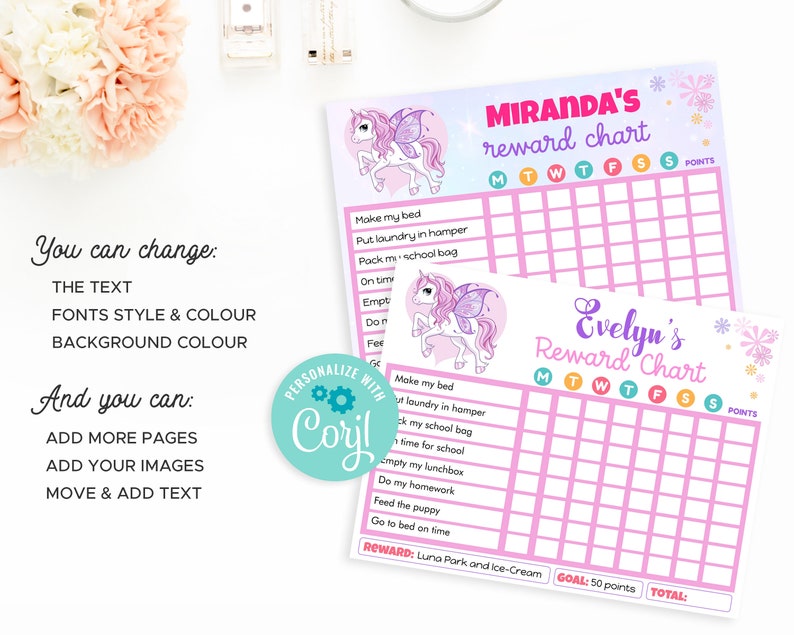 EDITABLE Unicorn Reward Chart, Digital Chore Chart Template, Printable ...