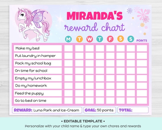 EDITABLE Unicorn Reward Chart Digital Chore Chart Template Printable 