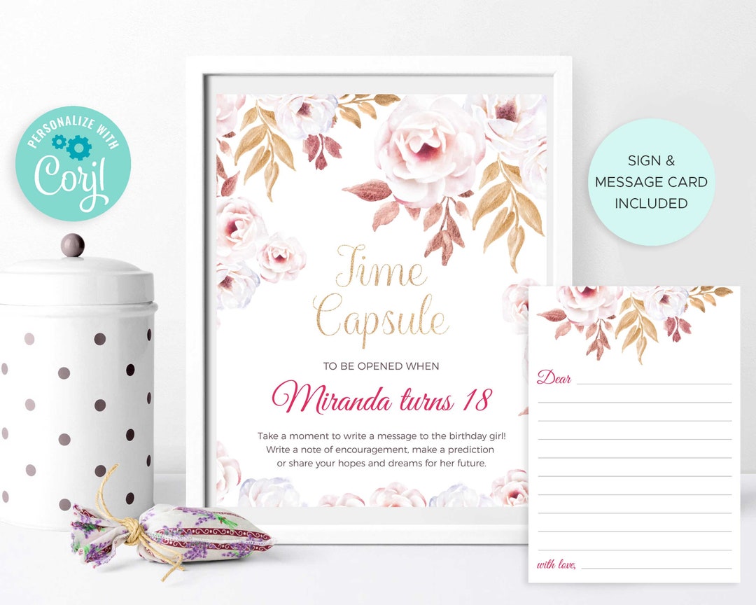Time Capsule Sign and Message Card, Editable First Birthday Time ...