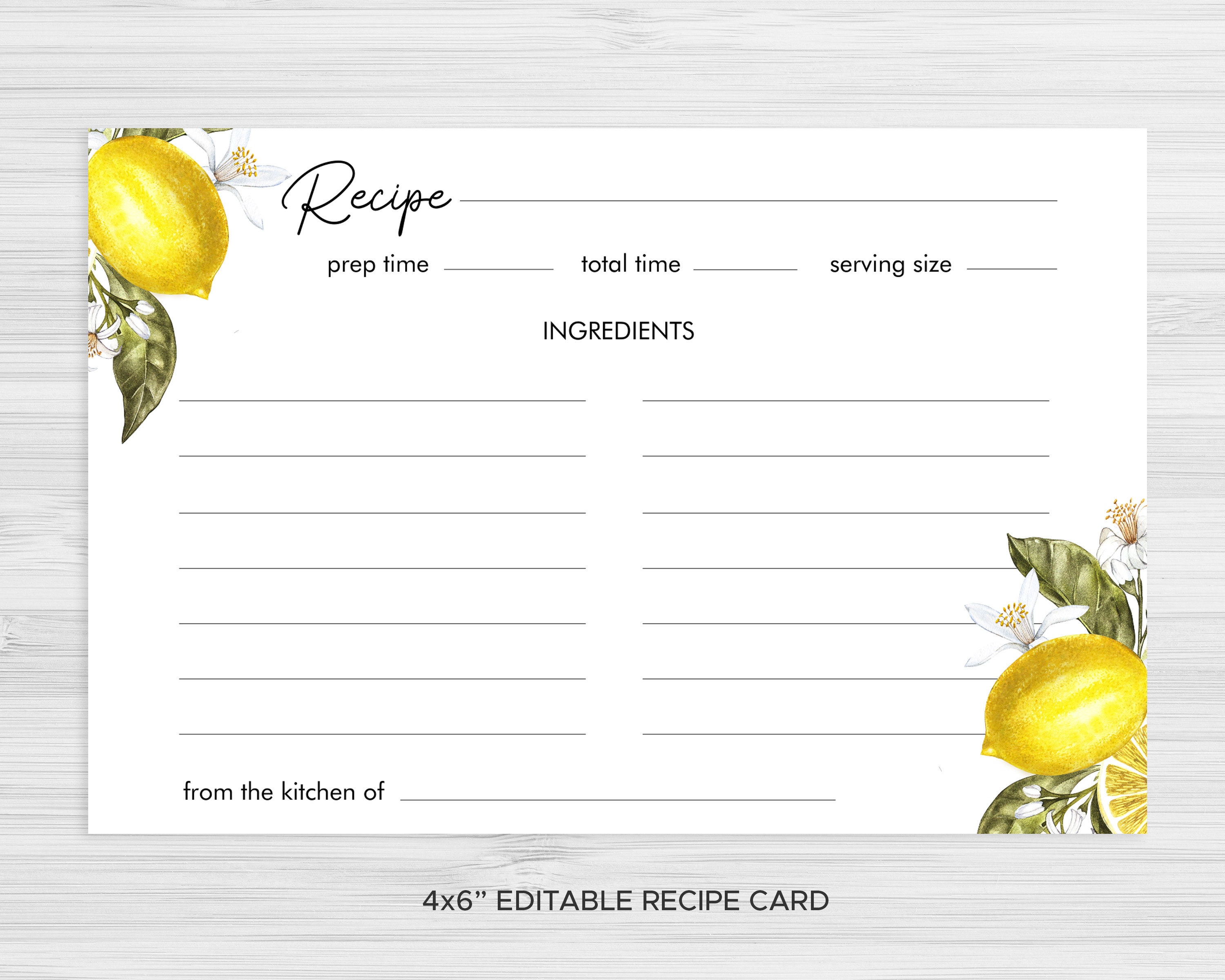Printable Recipe Card Template, Lemon Decor, Personalized Recipe 4x6 ...