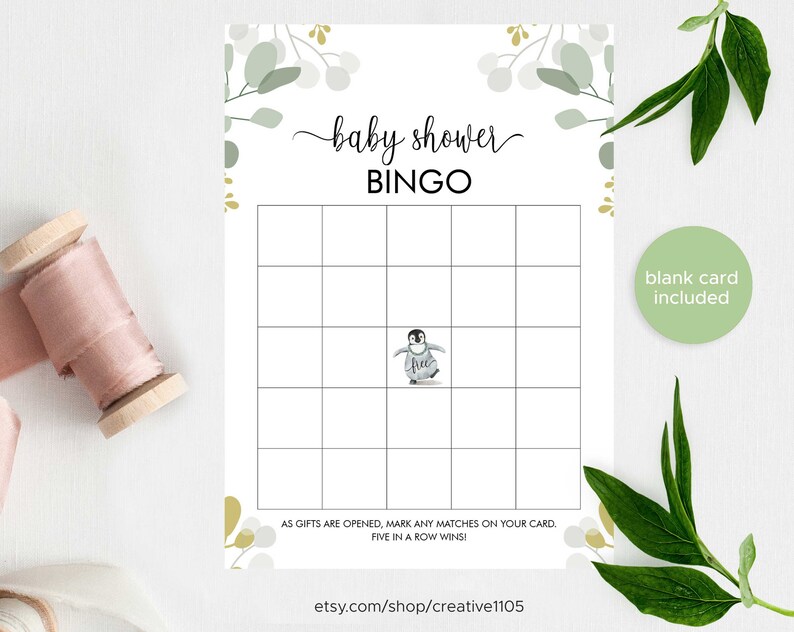 Printable Penguin Baby Shower Bingo, 60 Unique Greenery Bingo Cards ...