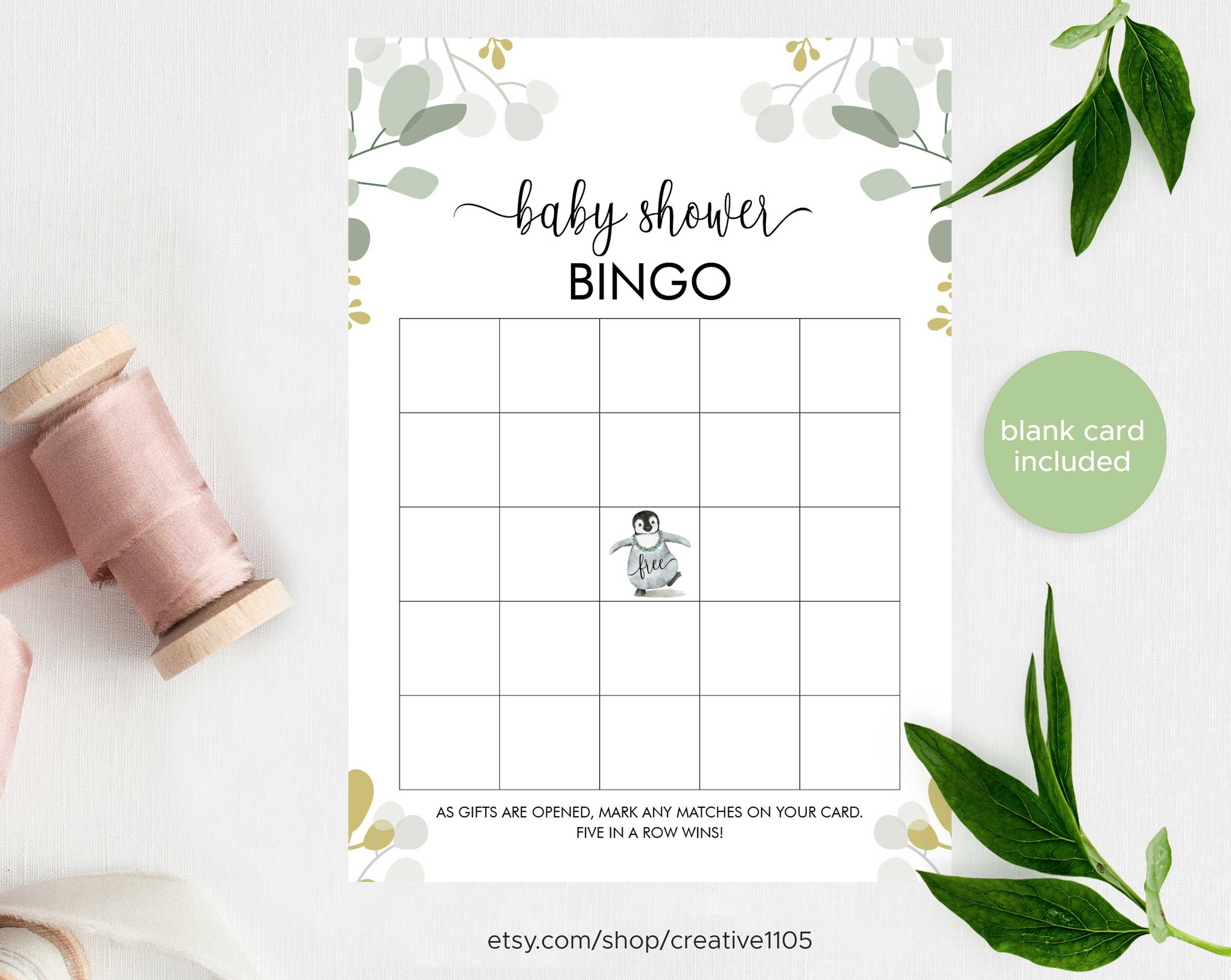 Printable Penguin Baby Shower Bingo, 60 Unique Greenery Bingo Cards ...