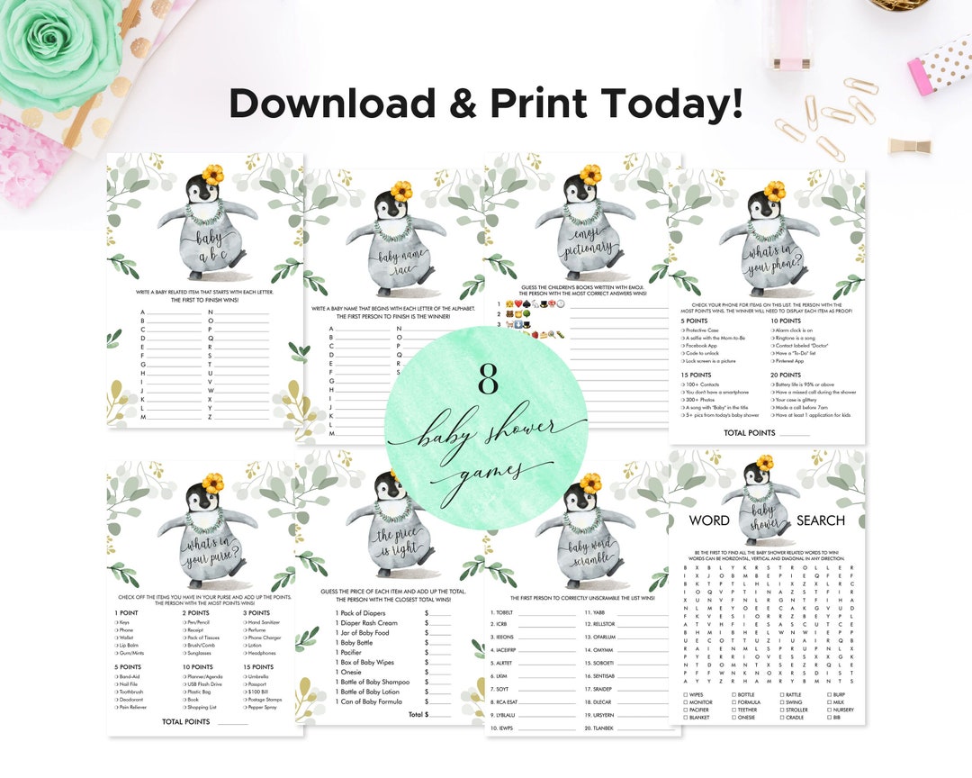8 Baby Shower Games for Gender Neutral Theme / Printable Penguin Baby ...