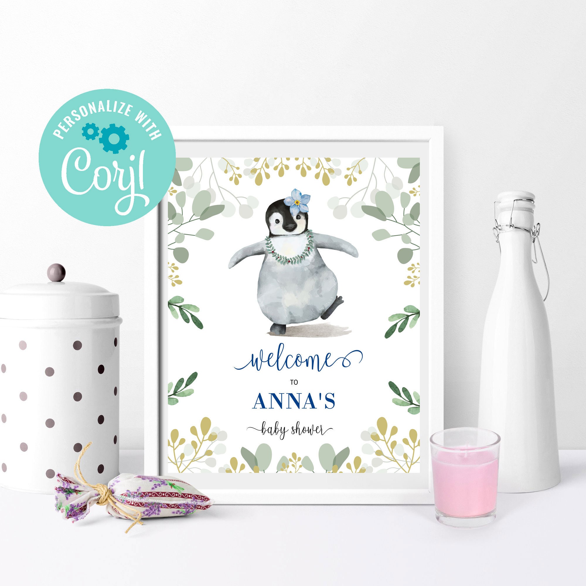 Welcome Sign With Penguin, Baby Shower Welcome Poster, Green and Blue ...