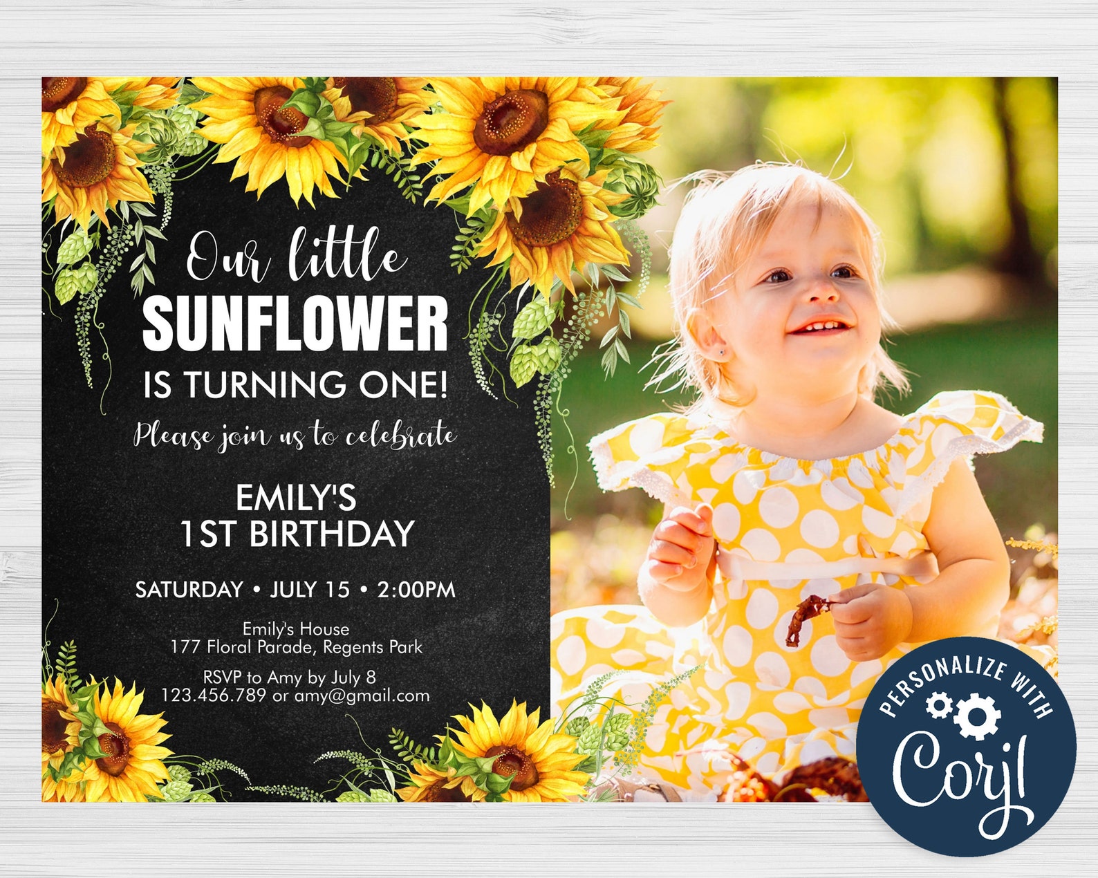 Editable Sunflower Birthday Invitation Template, Black Chalkboard ...