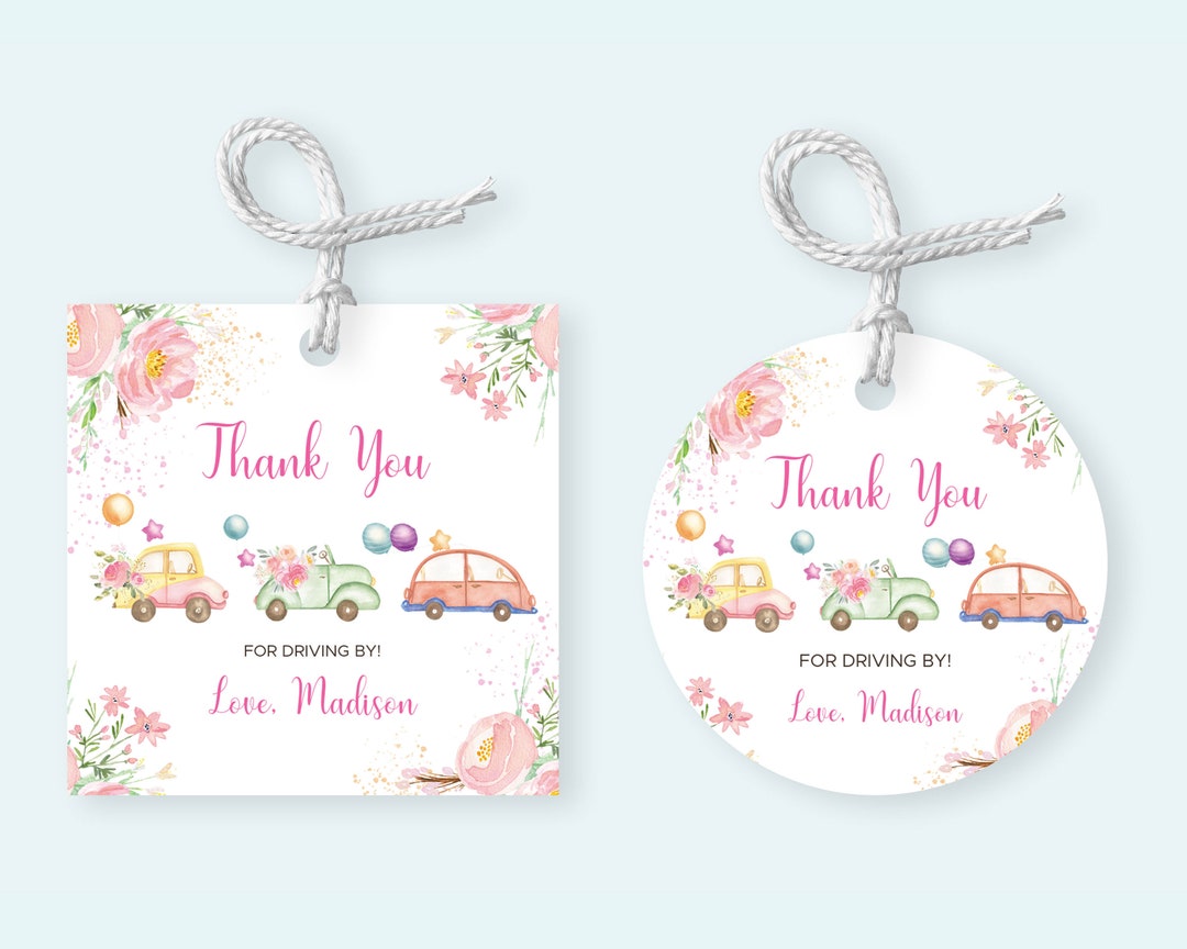 Editable Drive by Birthday Favor Tags: Floral Cars (digital Template ...