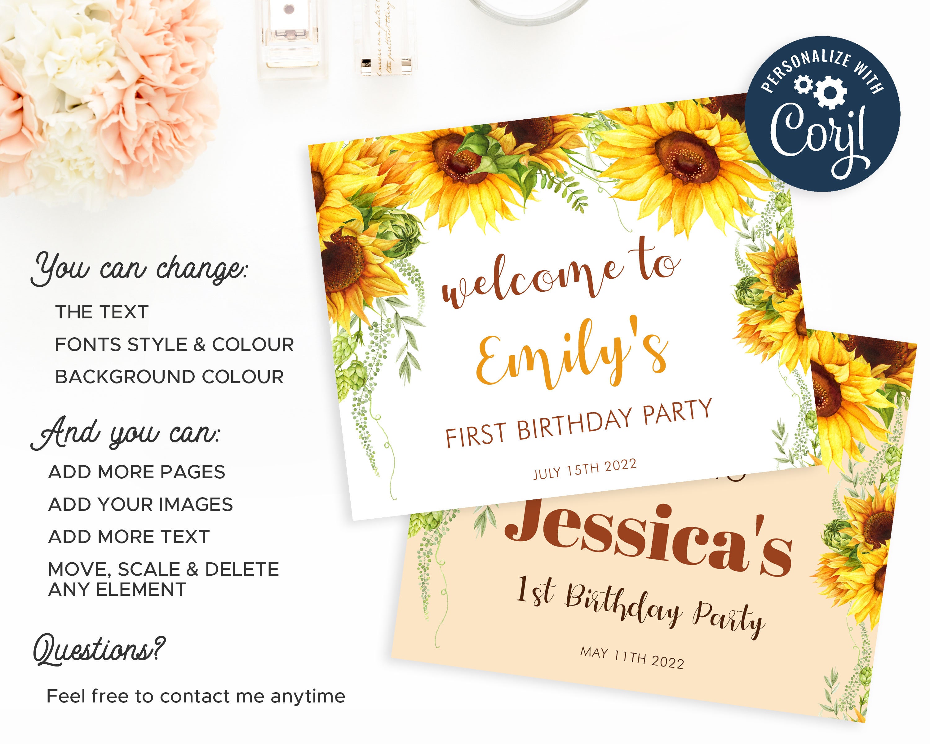 EDITABLE Sunflower Birthday Welcome Sign, Digital Welcome Template ...