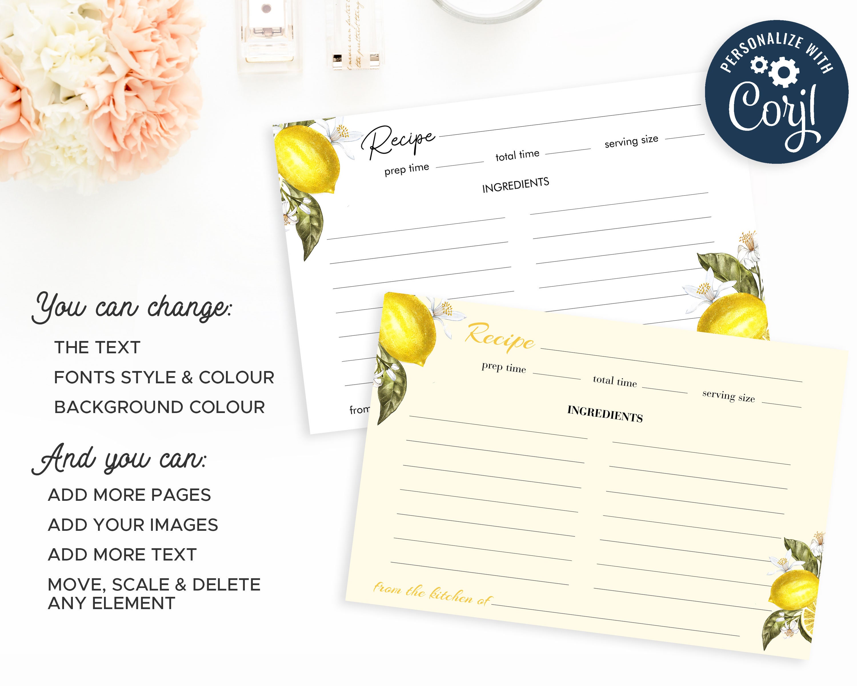 Printable Recipe Card Template, Lemon Decor, Personalized Recipe 4x6 ...