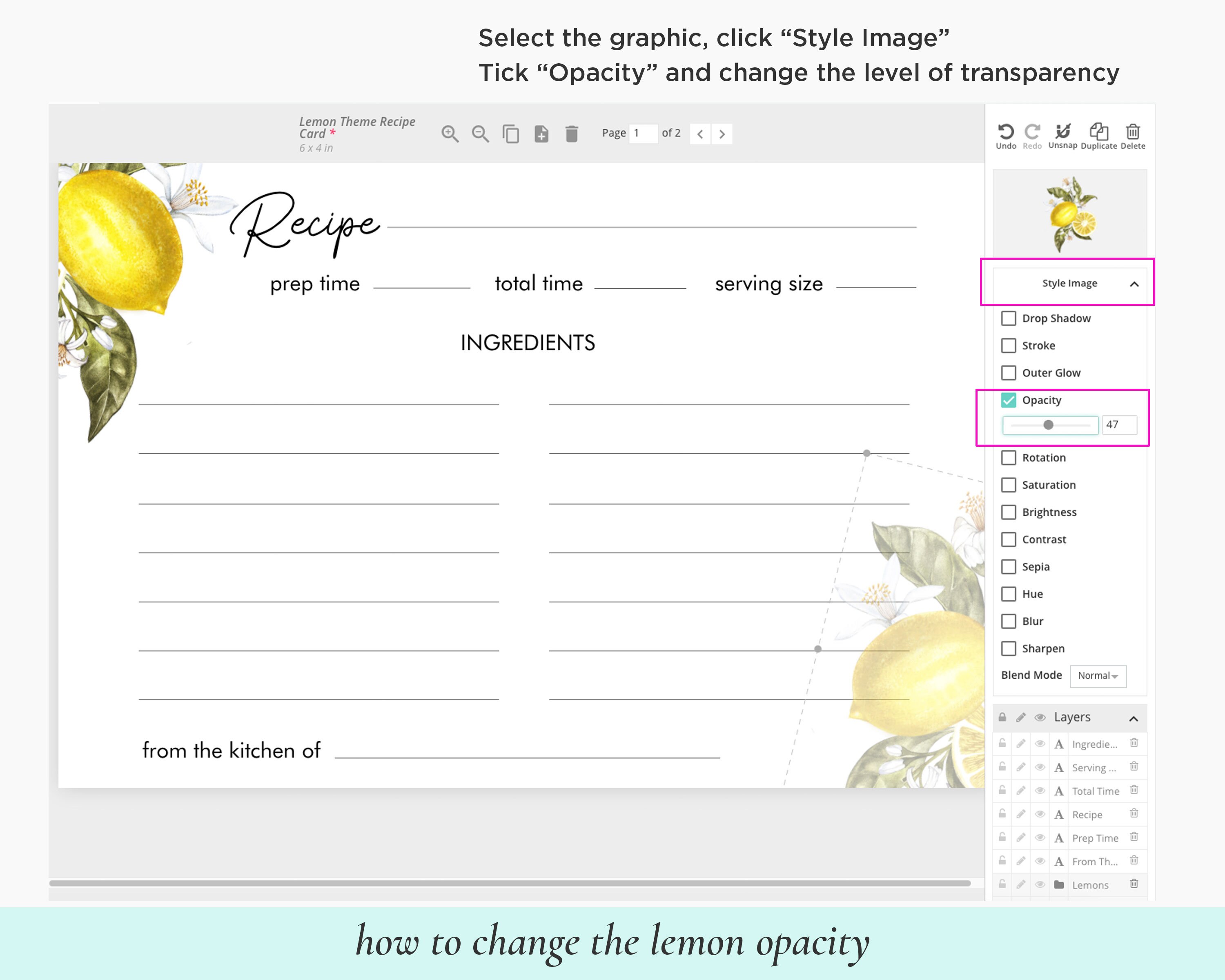 Printable Recipe Card Template, Lemon Decor, Personalized Recipe 4x6 ...