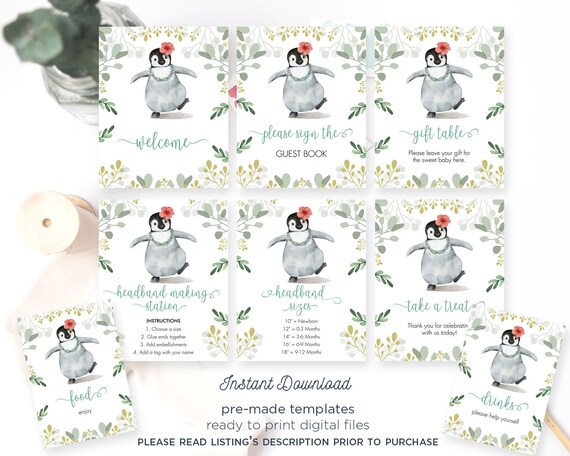 Penguin Baby Shower Table Signs, Greenery Theme Shower, PBS01 by ...