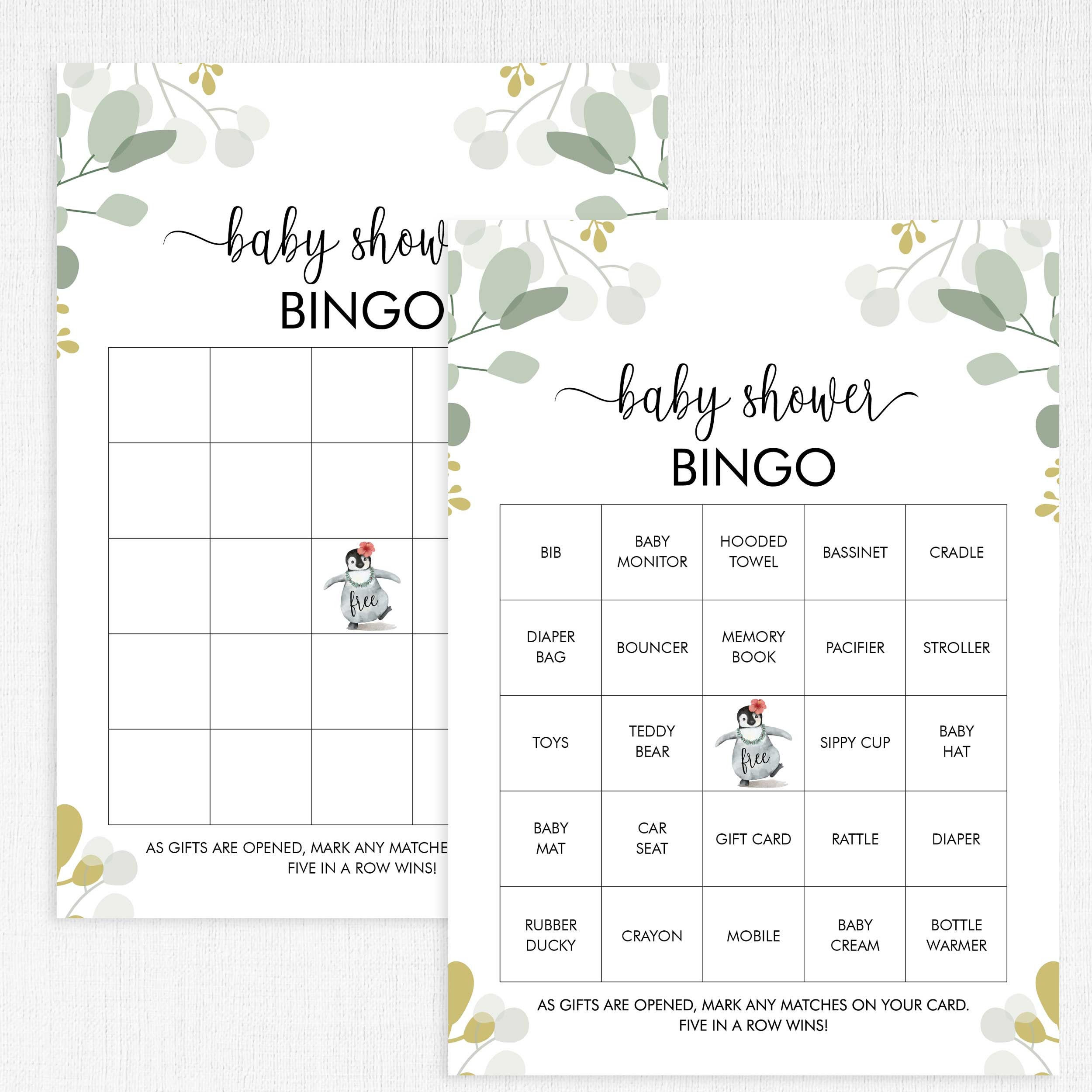 60 Printable Baby Shower Bingo, Penguin Prefilled Bingo Cards, PBS01 ...