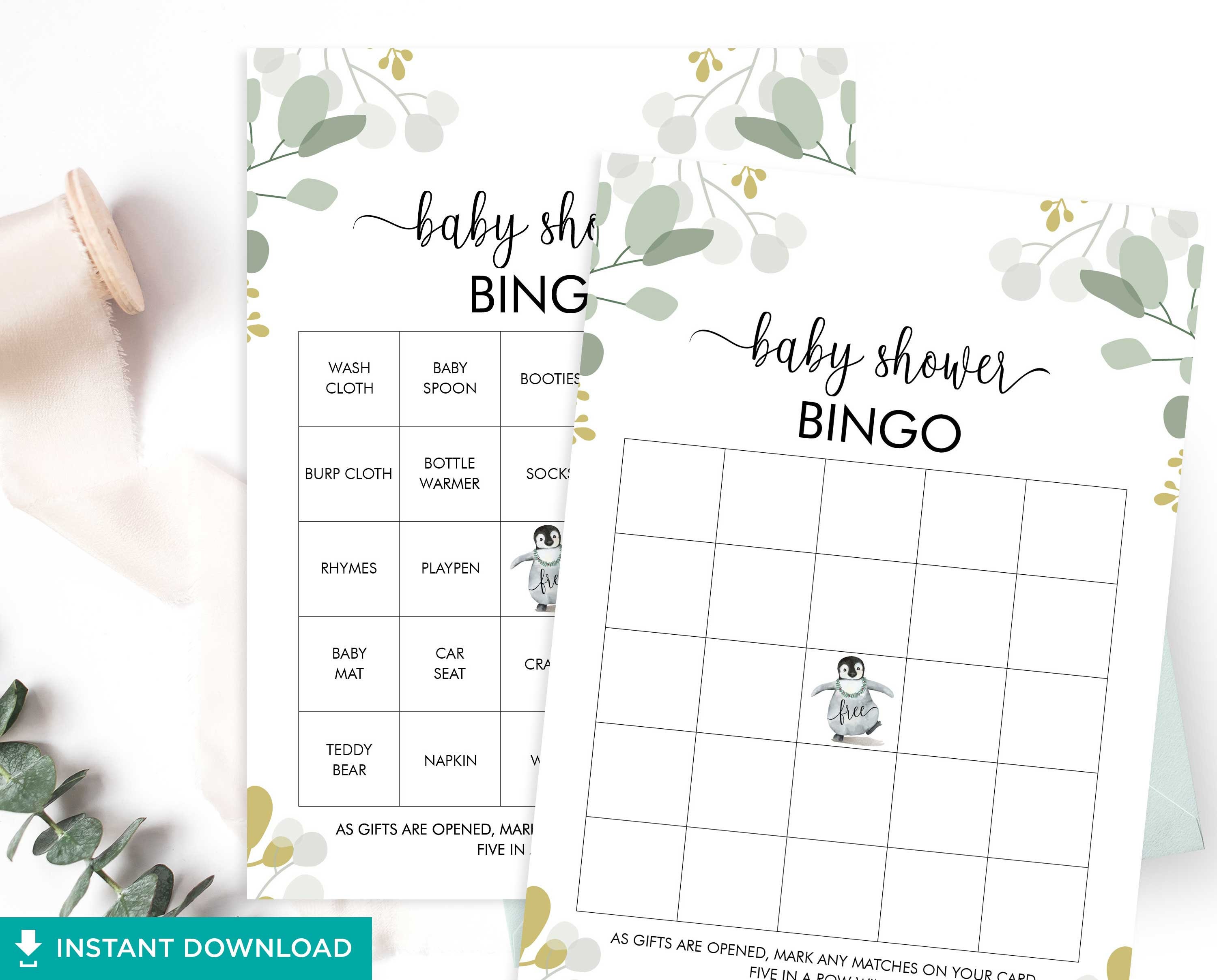 Printable Penguin Baby Shower Bingo, 60 Unique Greenery Bingo Cards ...