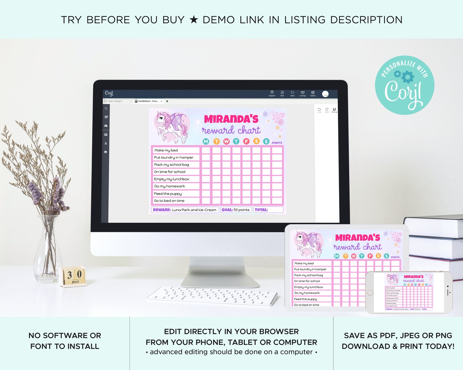 EDITABLE Unicorn Reward Chart, Digital Chore Chart Template, Printable ...