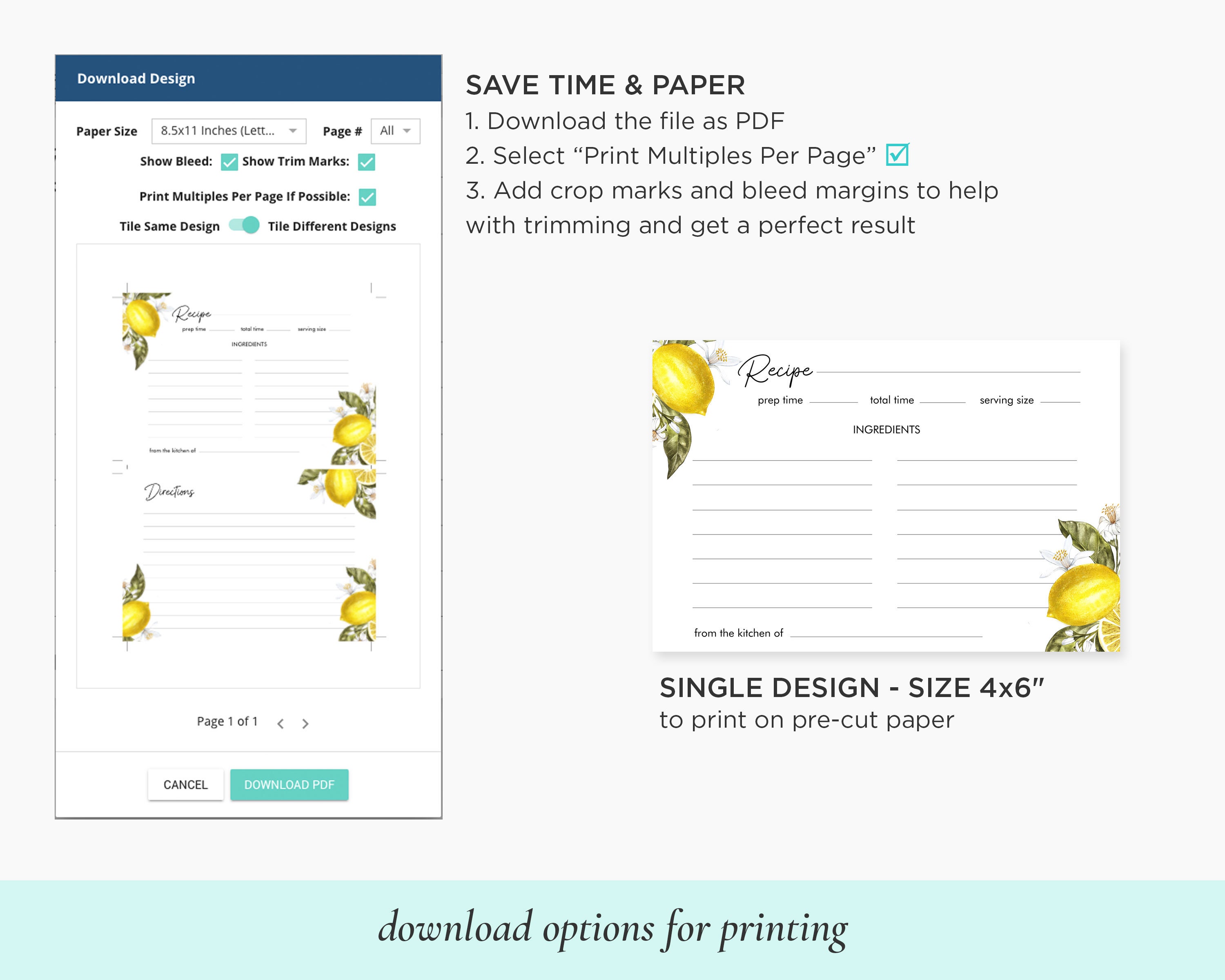 Printable Recipe Card Template, Lemon Decor, Personalized Recipe 4x6 ...